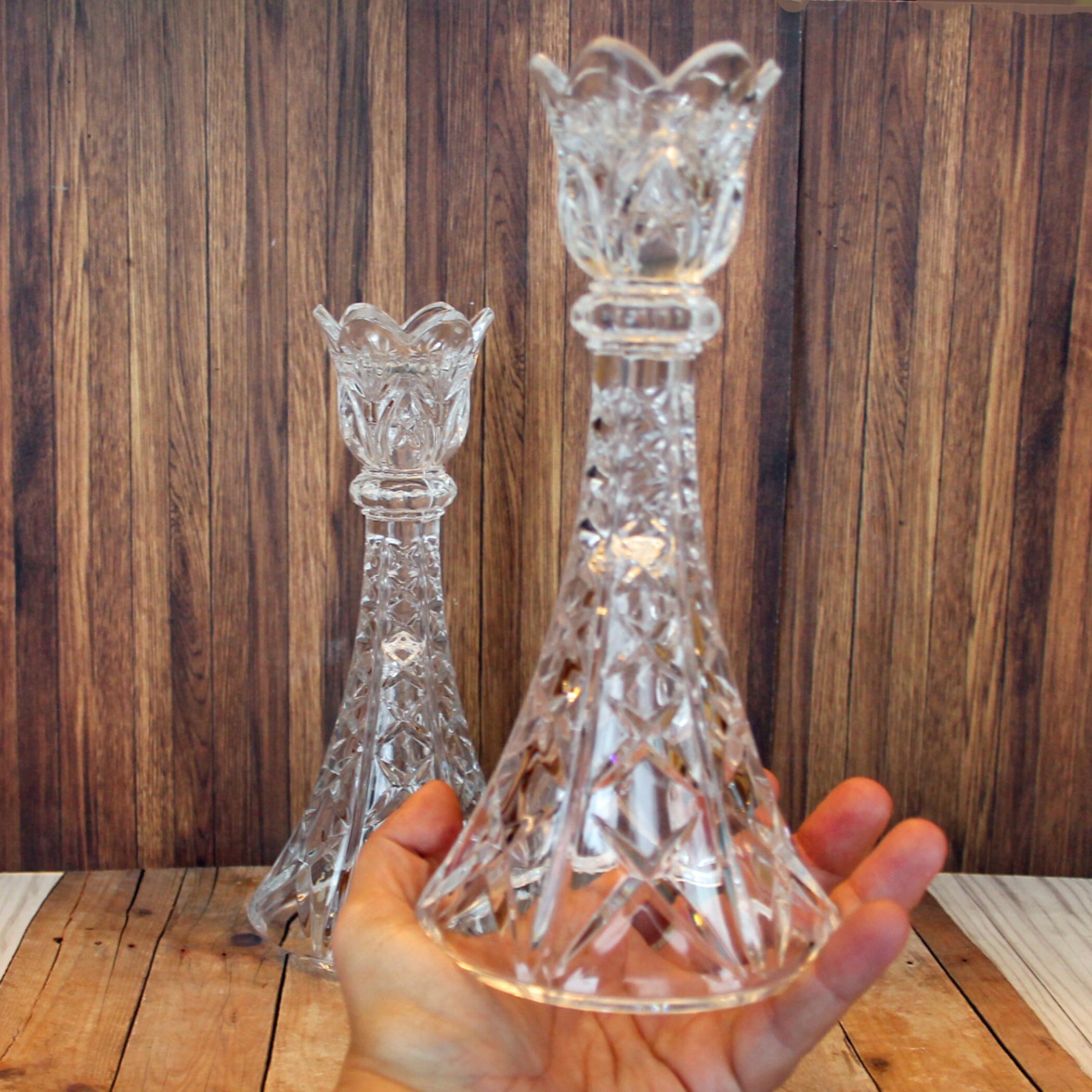 Vintage Clear Glass Crystal Candlesticks Set of 2 Diamond Cut X Pattern ...