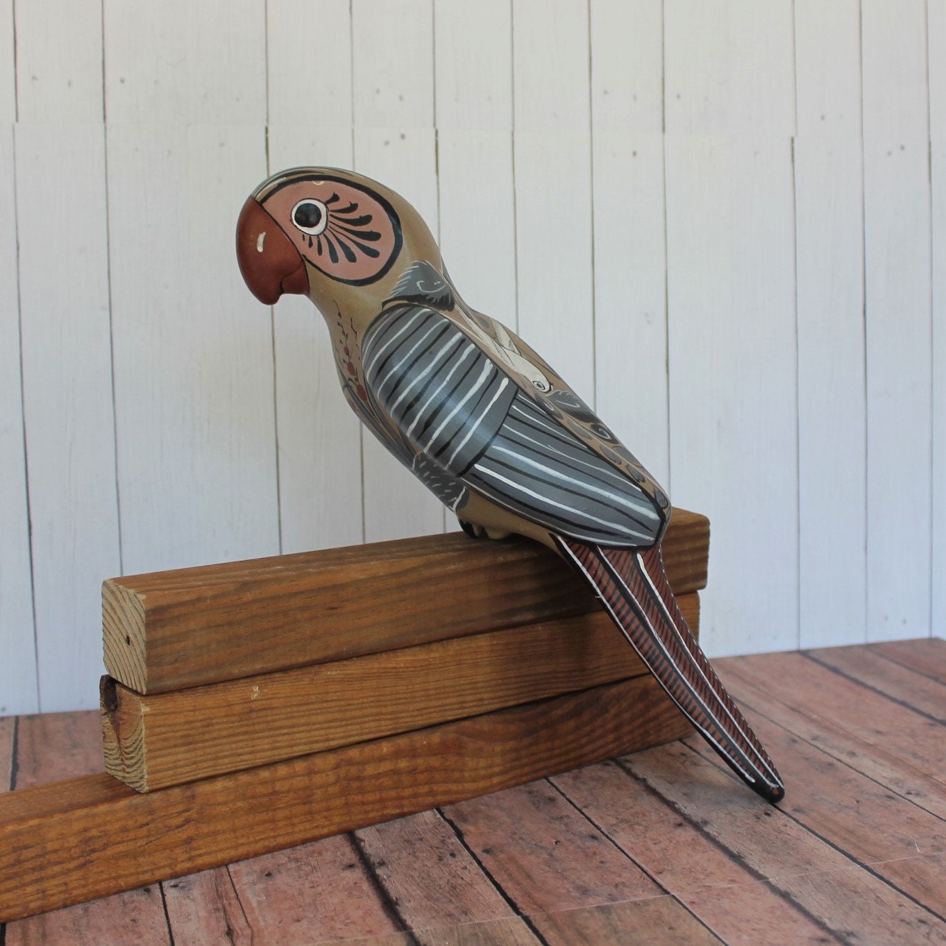 Vintage Tonala Bird Parrot Figurine Mexican Pottery Tan with Gray Black ...