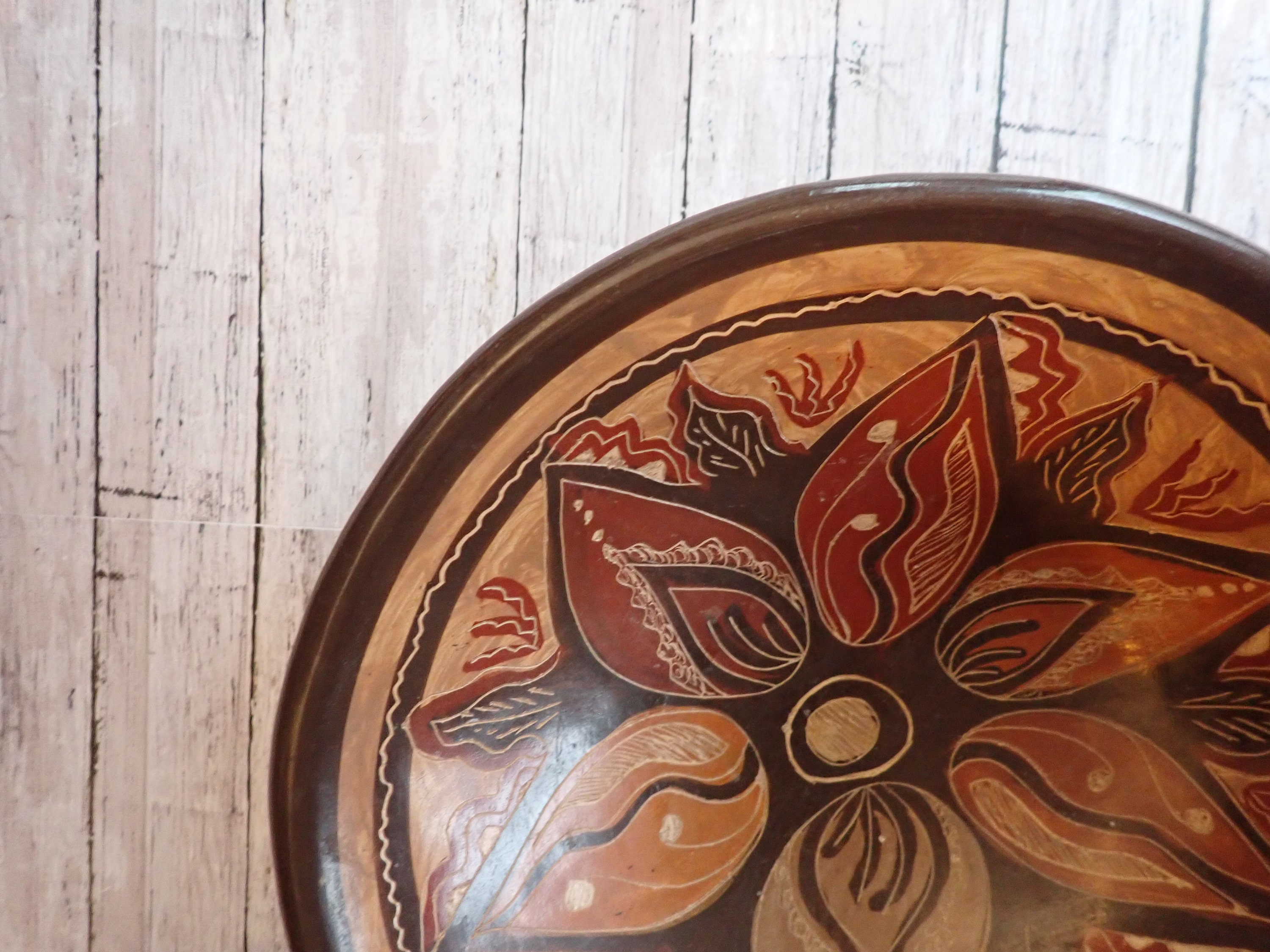 Vintage Costa Rica Clay Pottery Bowl Tan with Red Brown Orange Flower ...