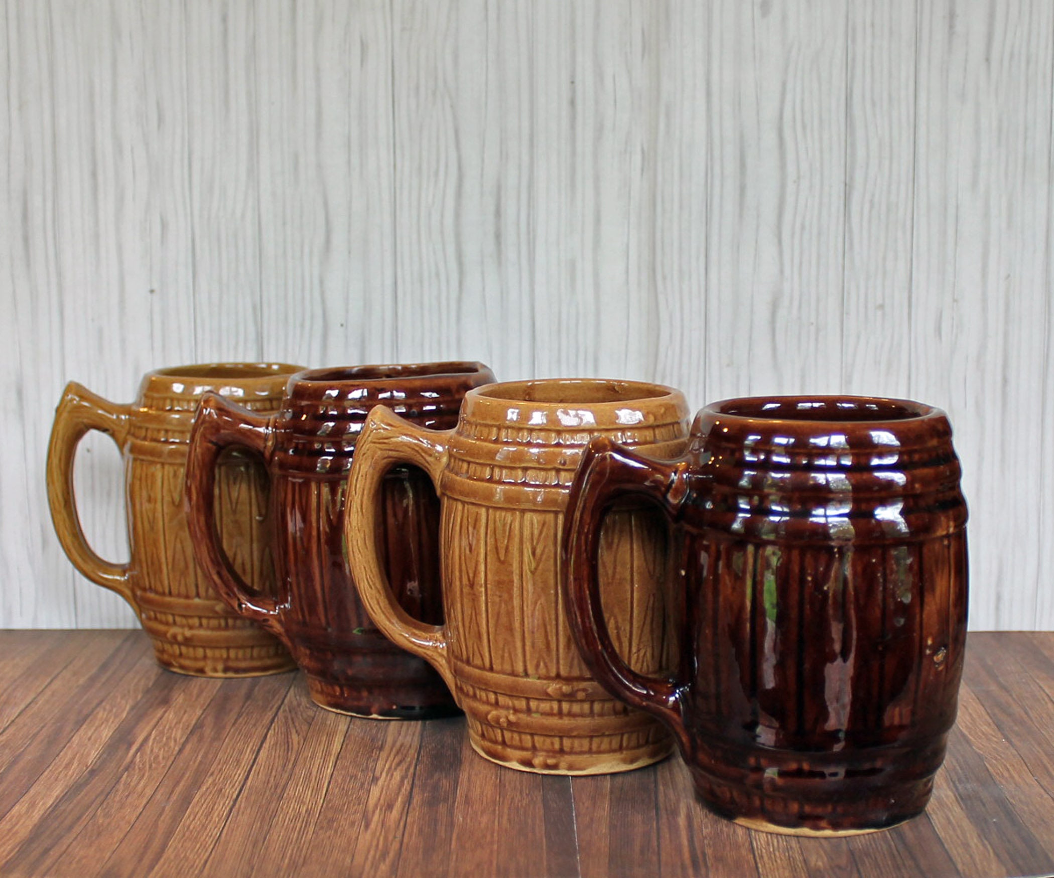 Vintage Ceramic Stoneware Barrel Mug Set of 4 Beer Stein Faux Wood ...