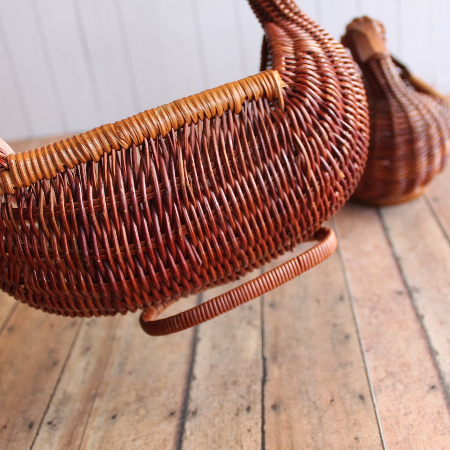 Vintage Wicker Woven Duck Basket Set of 2 Brown Wicker Duck Planter Baskets