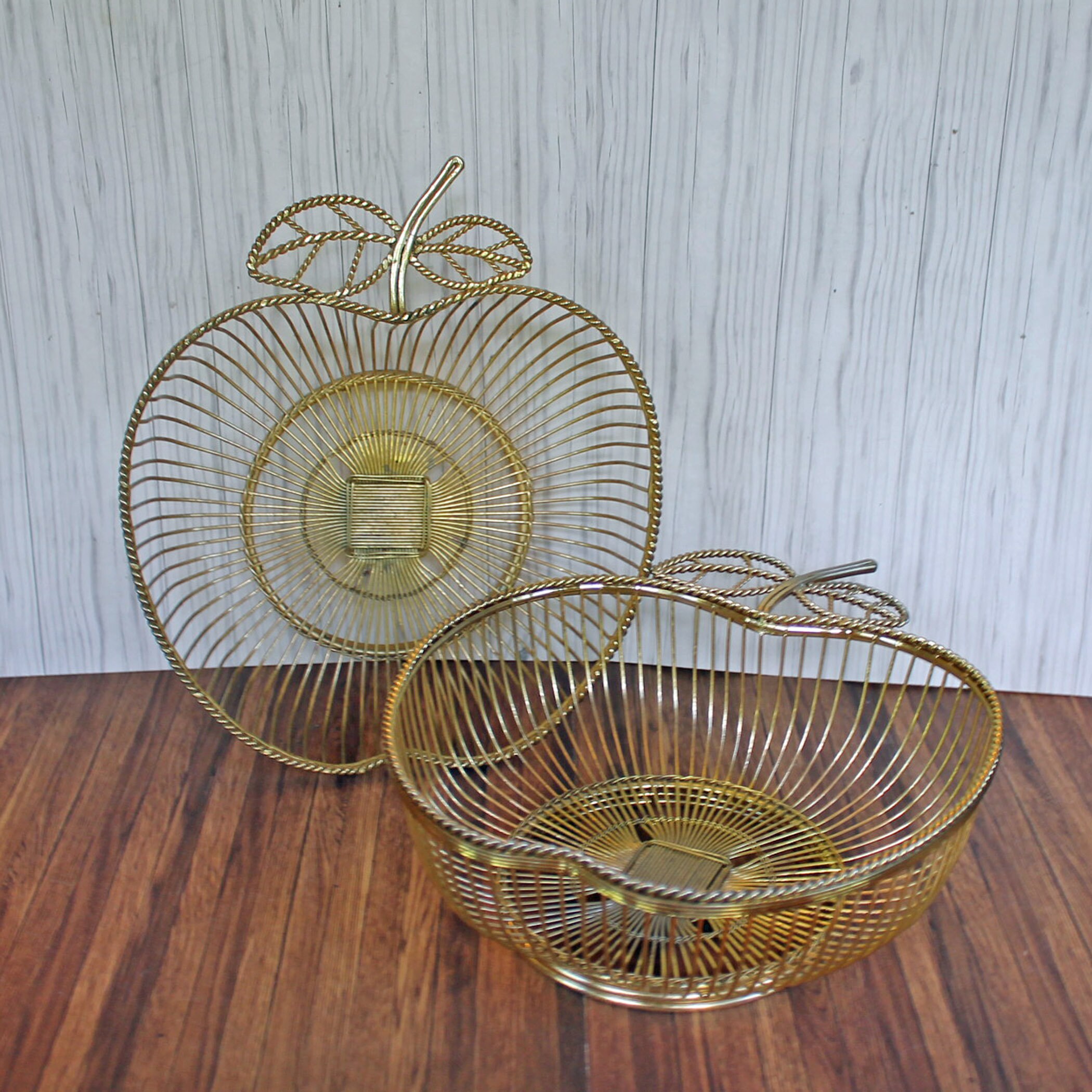 Vintage Gold Metal Wire Apple Basket Bowls Set of 2 Apple Shaped Fruit ...