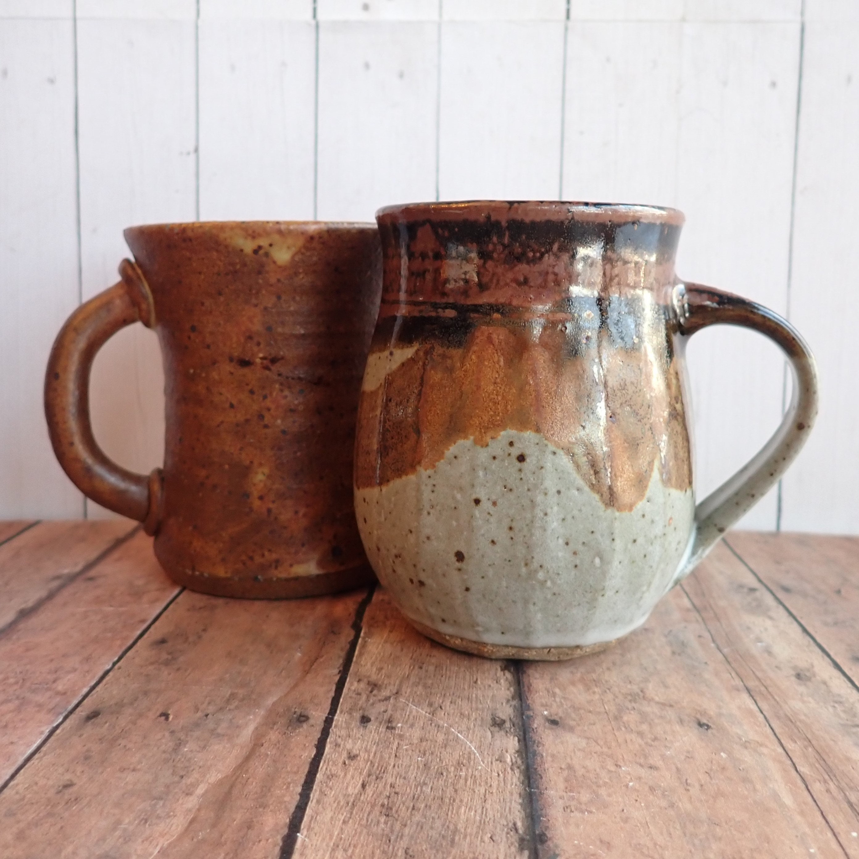 Vintage Stoneware Pottery Mug Coffee Cup Set of 2 Handmade Brown Beige ...