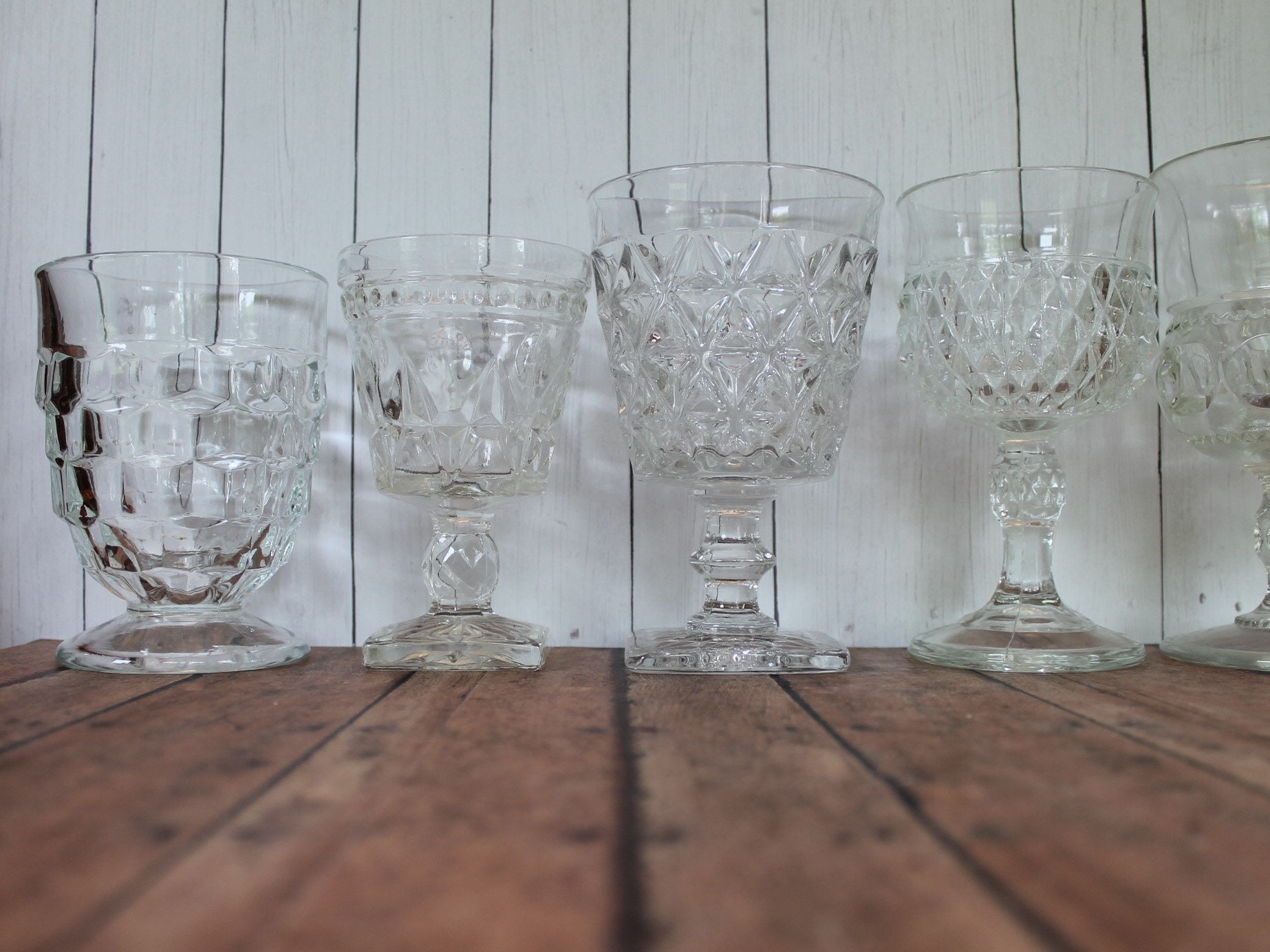 Vintage Mismatched Clear Glass Goblets Wine Glasses Set of 8 Mix and ...