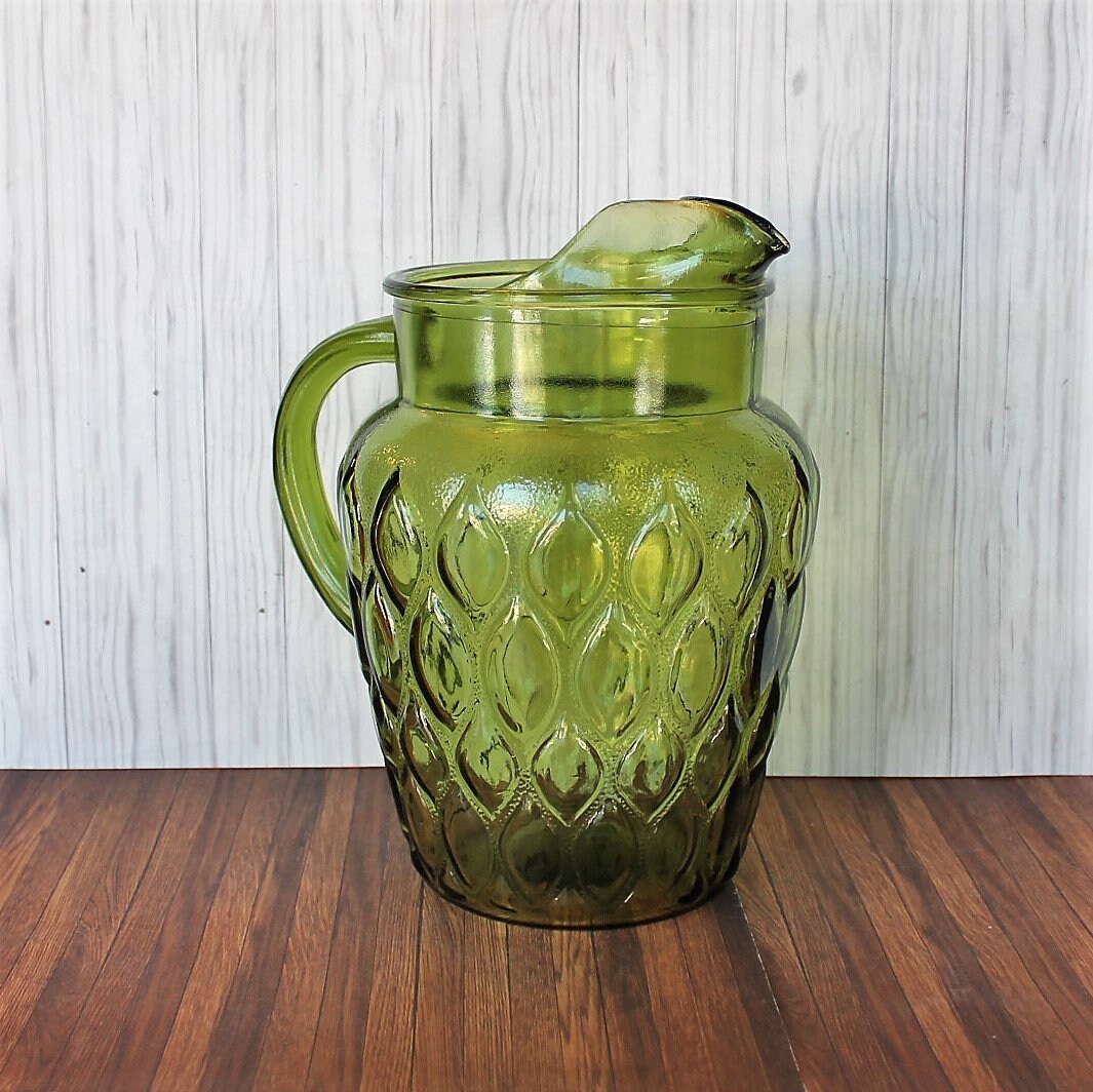 Vintage Anchor Hocking MADRID GREEN Pitcher Quilted Leaf Design Modern ...