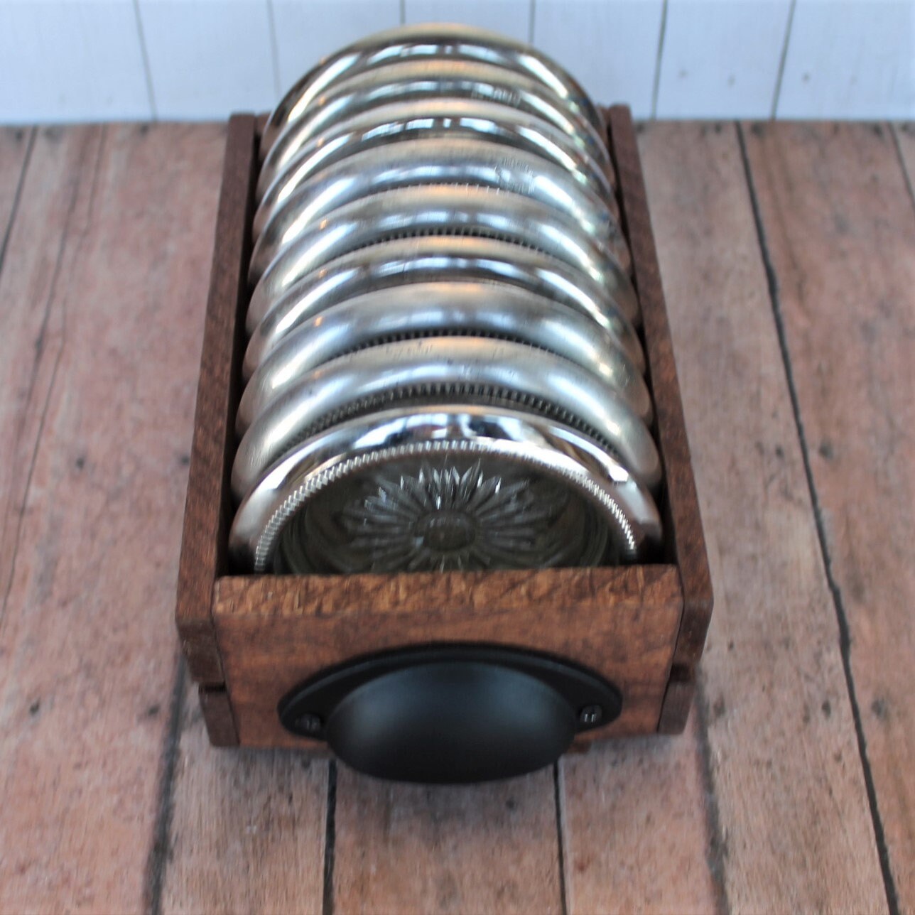 Vintage Silver Plate and Clear Glass Coaster Set of 9 in Wooden Rack ...