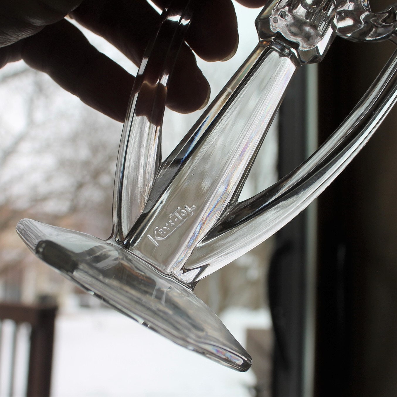 Vintage Krys Tol Crystal Clear Glass Trophy Style Candlestick Pair With Hexagon Base And Columns