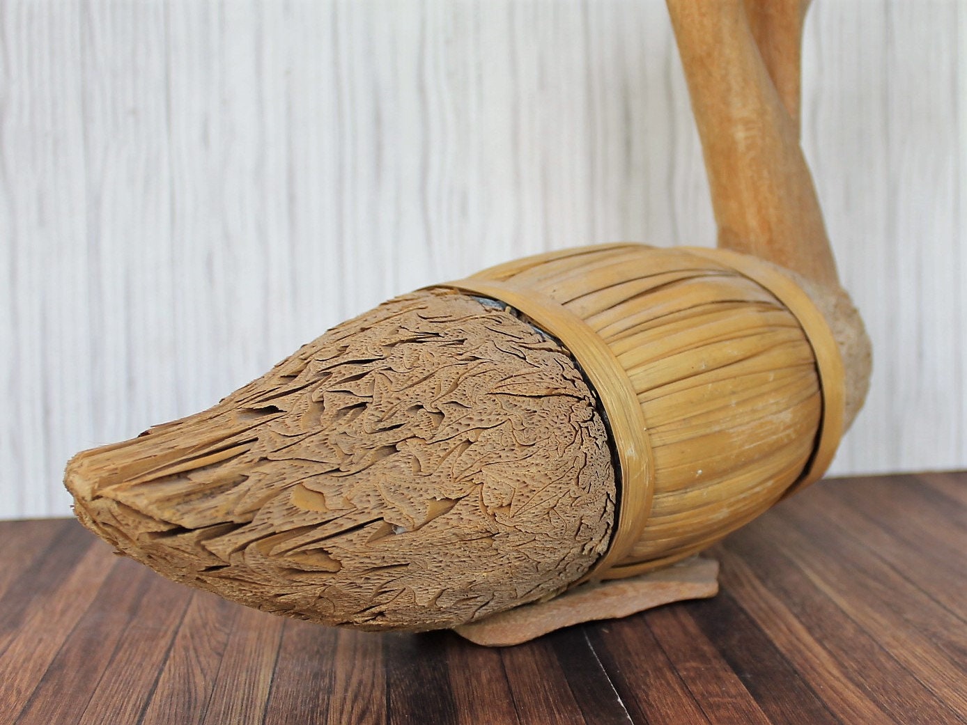 Vintage Corn Husk Swan Decoy Figure Handmade Wood Bark Wicker Primitive ...