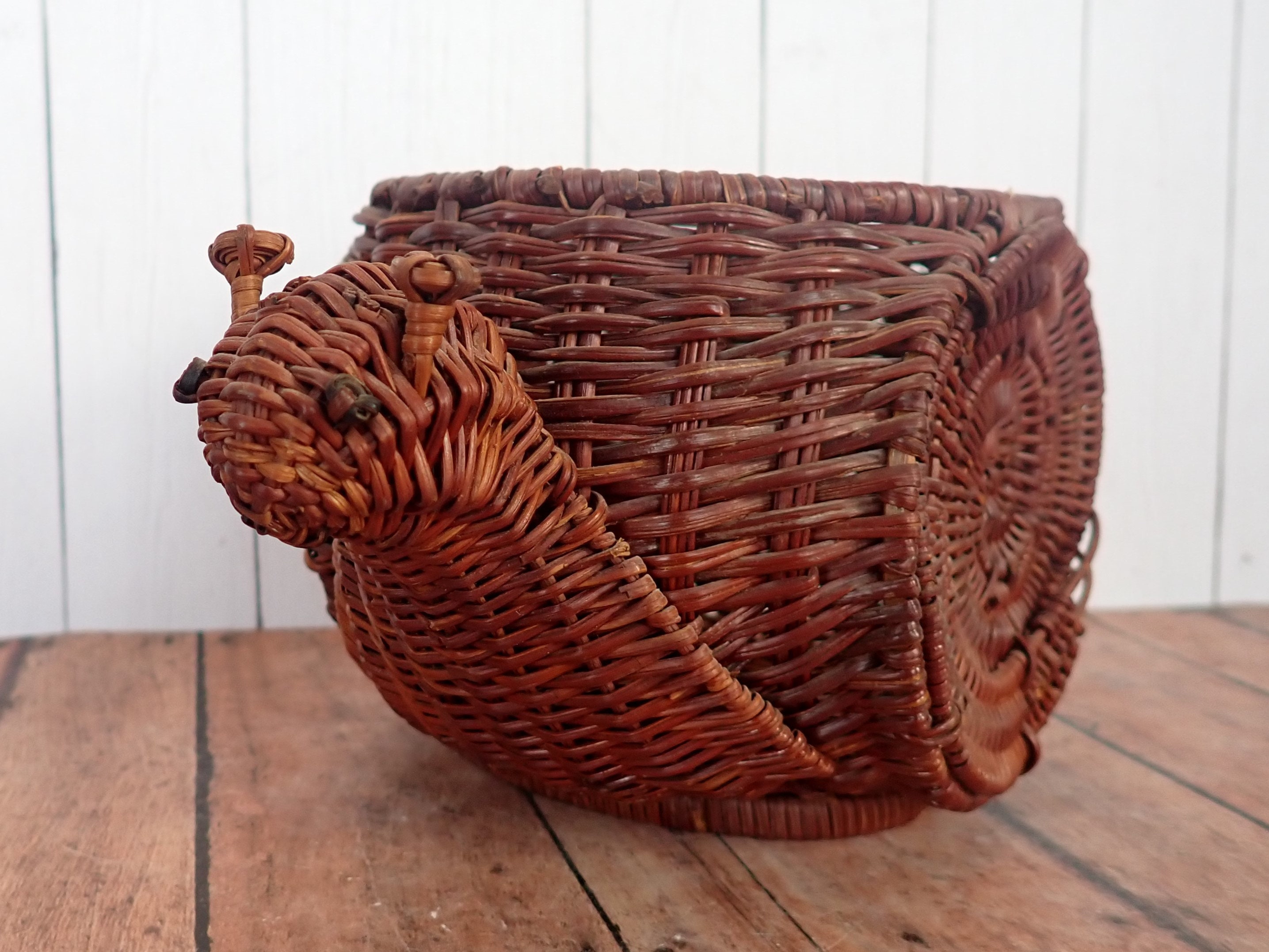 Vintage Brown Woven Wicker Snail Animal Basket Planter