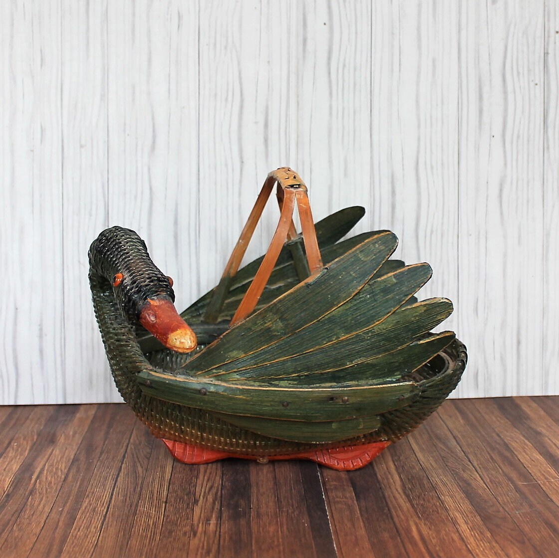 Vintage Green Wicker Swan Duck Basket with Handle Woven and Wood Animal ...