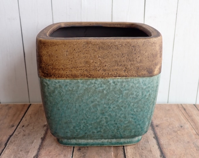 Vintage Stoneware Pottery Square Planter Blue With Beige Tan Band ...