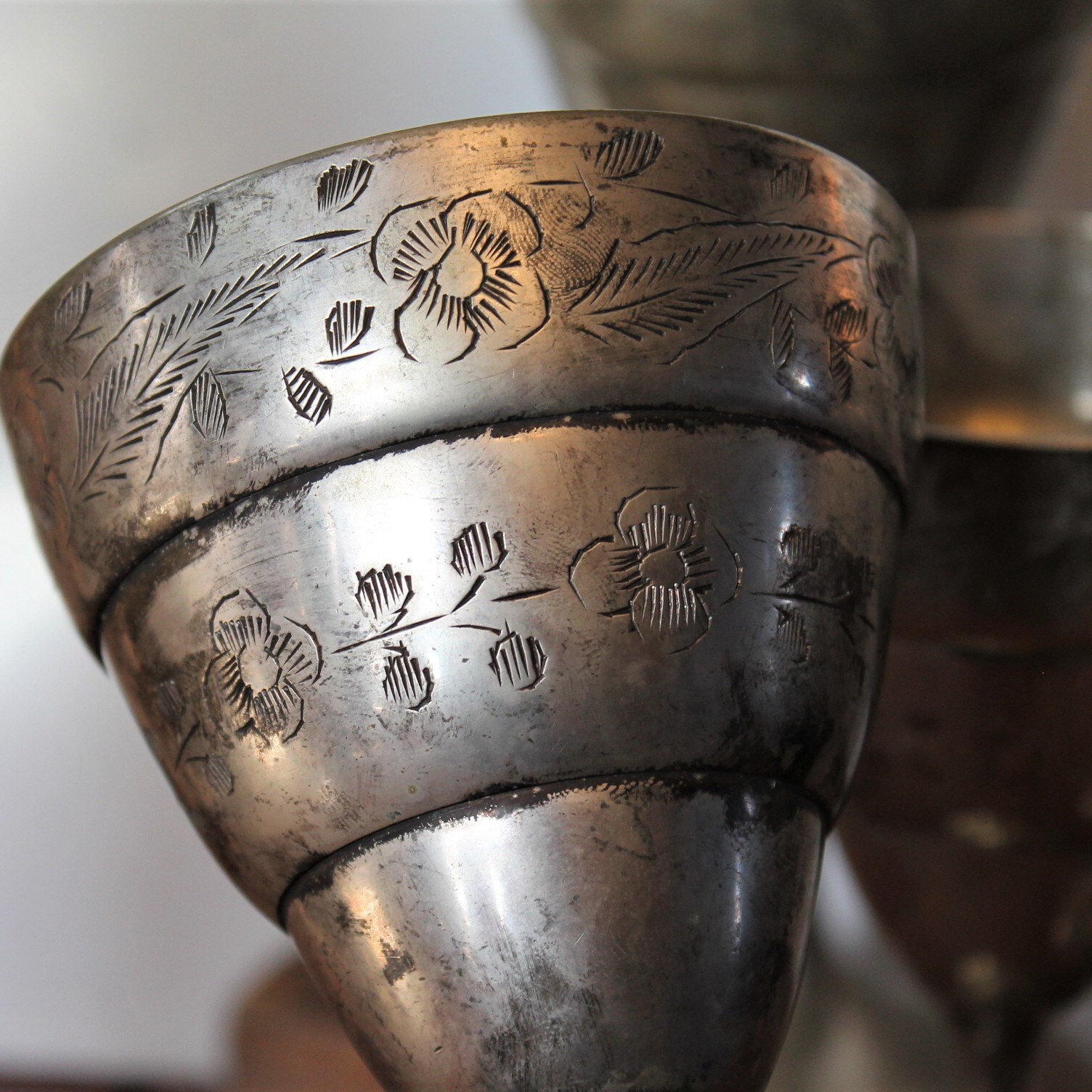 Vintage German Silver Goblet Wine Glass Set of 6 Etched Flower Floral ...