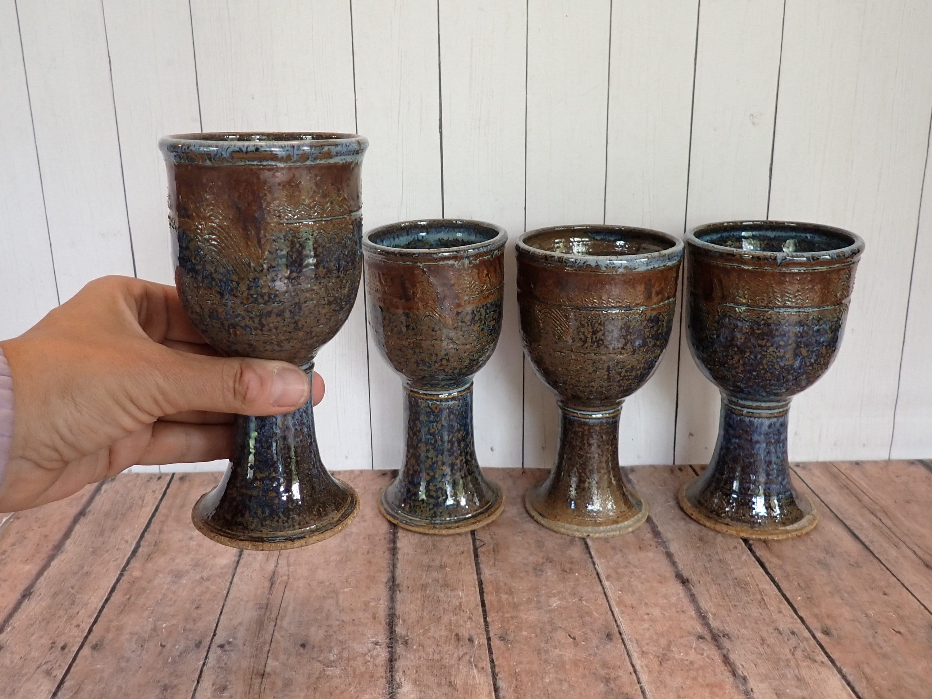 Vintage Stoneware Pottery Goblet Set of 4 Blue and Brown Wine Glass Chalice