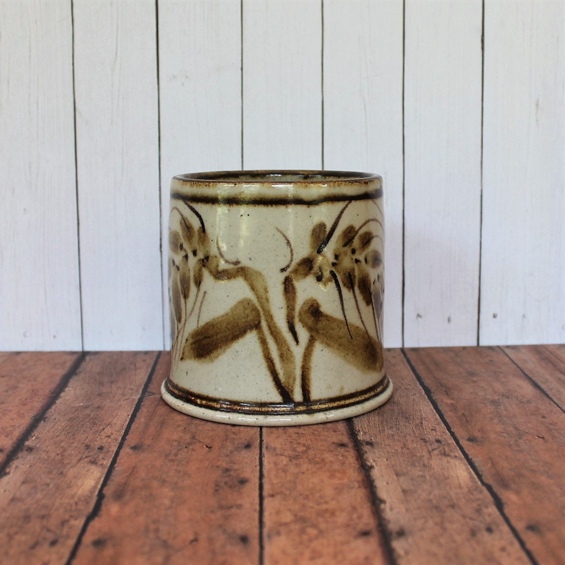 Vintage Born Polly Stoneware Planter Vase Crock Gray with Brown Flower ...