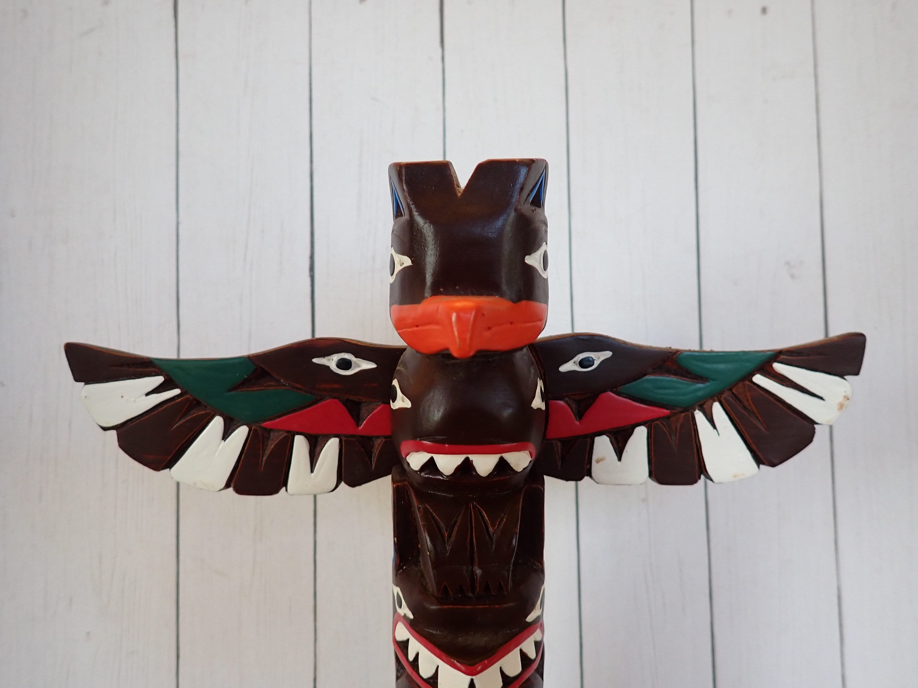 Vintage Faux Carved Wood Raven Totem Pole Figurine Made in Alaska