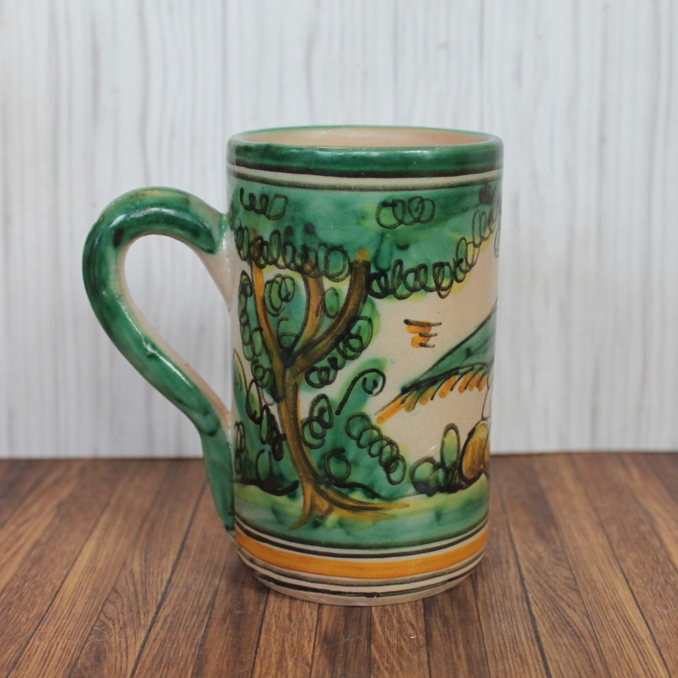 Vintage Puente Spanish Pottery Mug tan Ceramic with Green Trees Plants ...