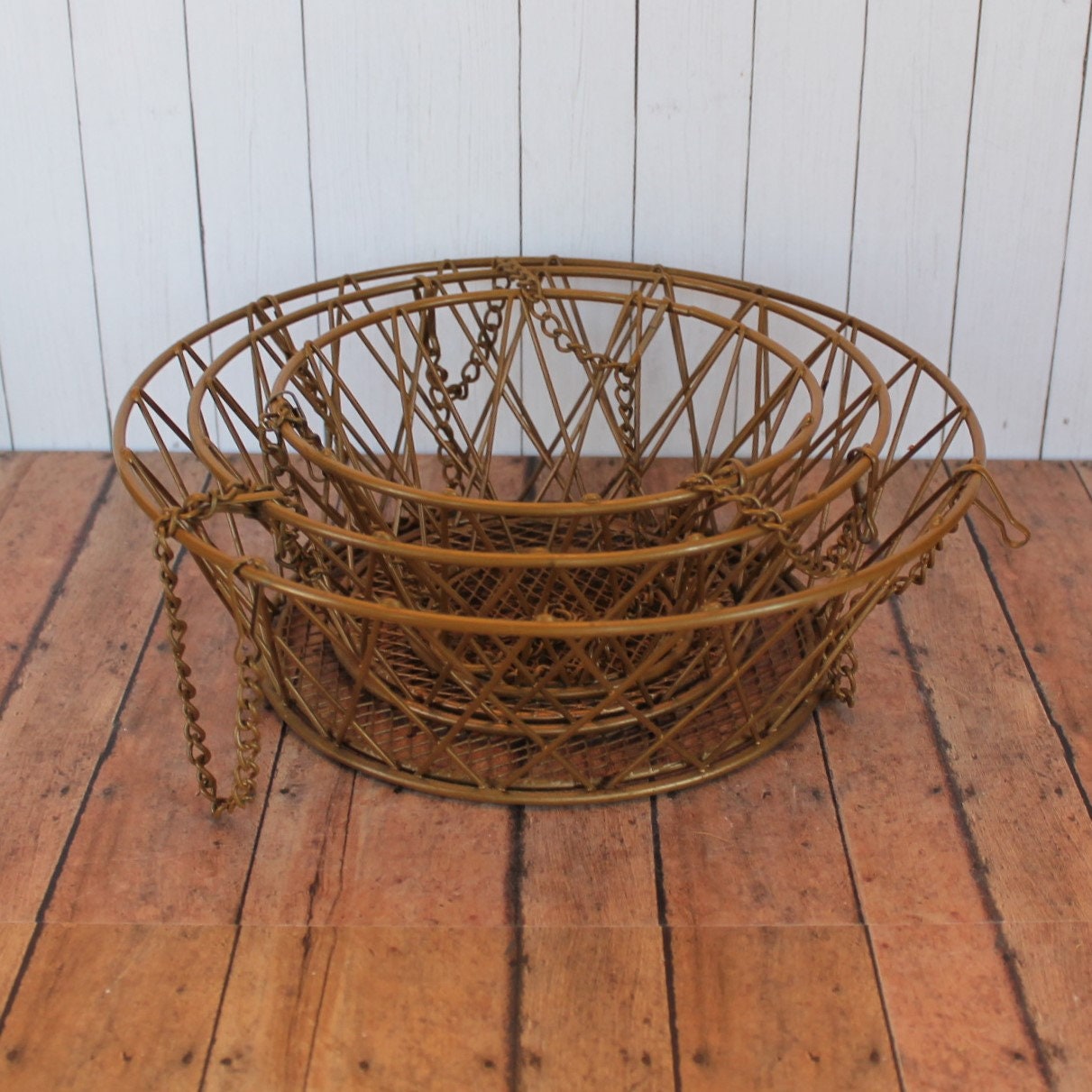 Vintage 3 Tier Hanging Metal Wire Basket Tan Color Fruit Basket