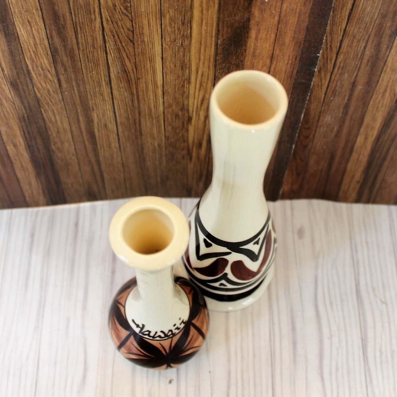 Vintage Ceramic Hawaiian Pottery Bud Vase Set of 2 White Brown Black ...