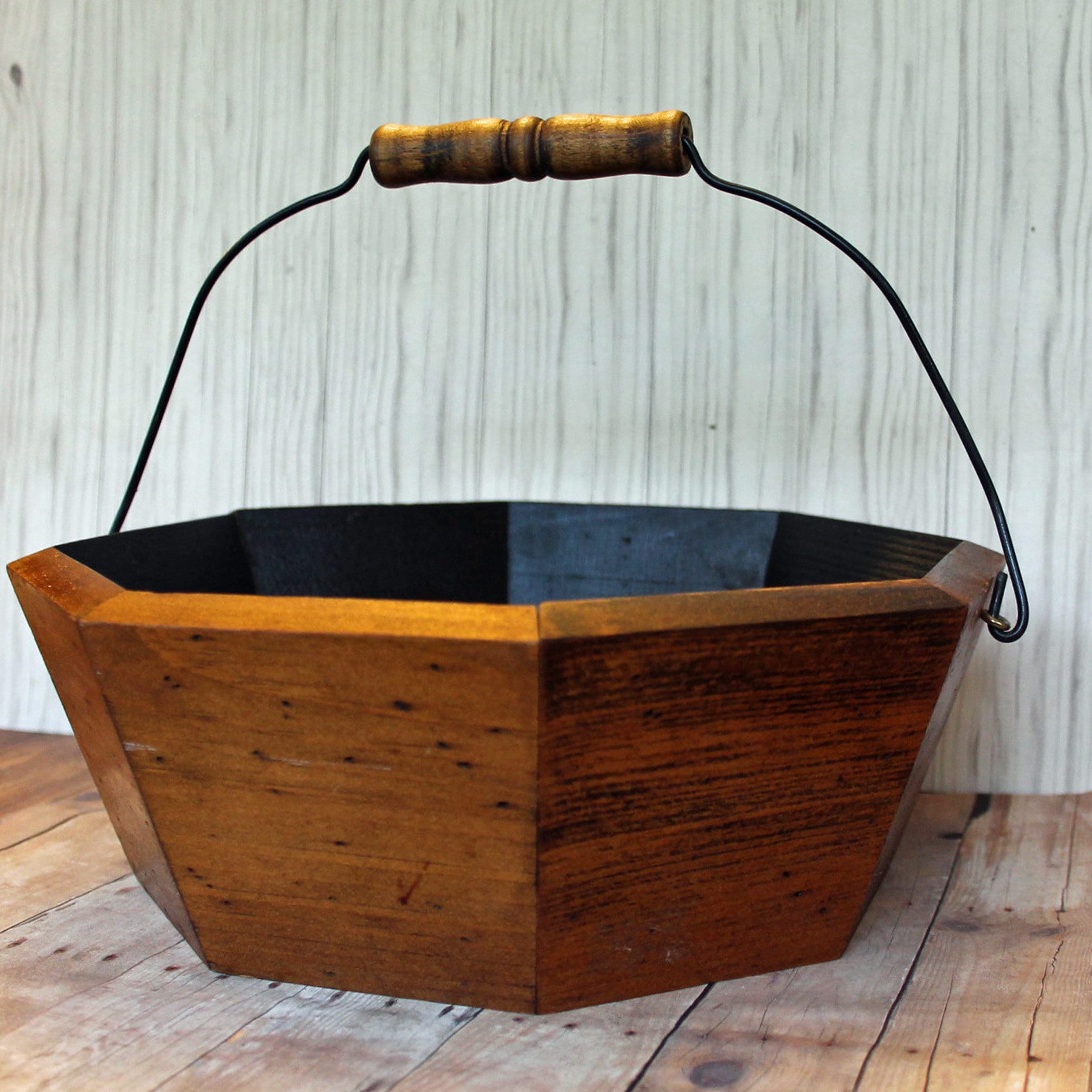 Vintage Wood Bucket Basket with Bail Handle Hexagon Shaped Apple Fruit ...