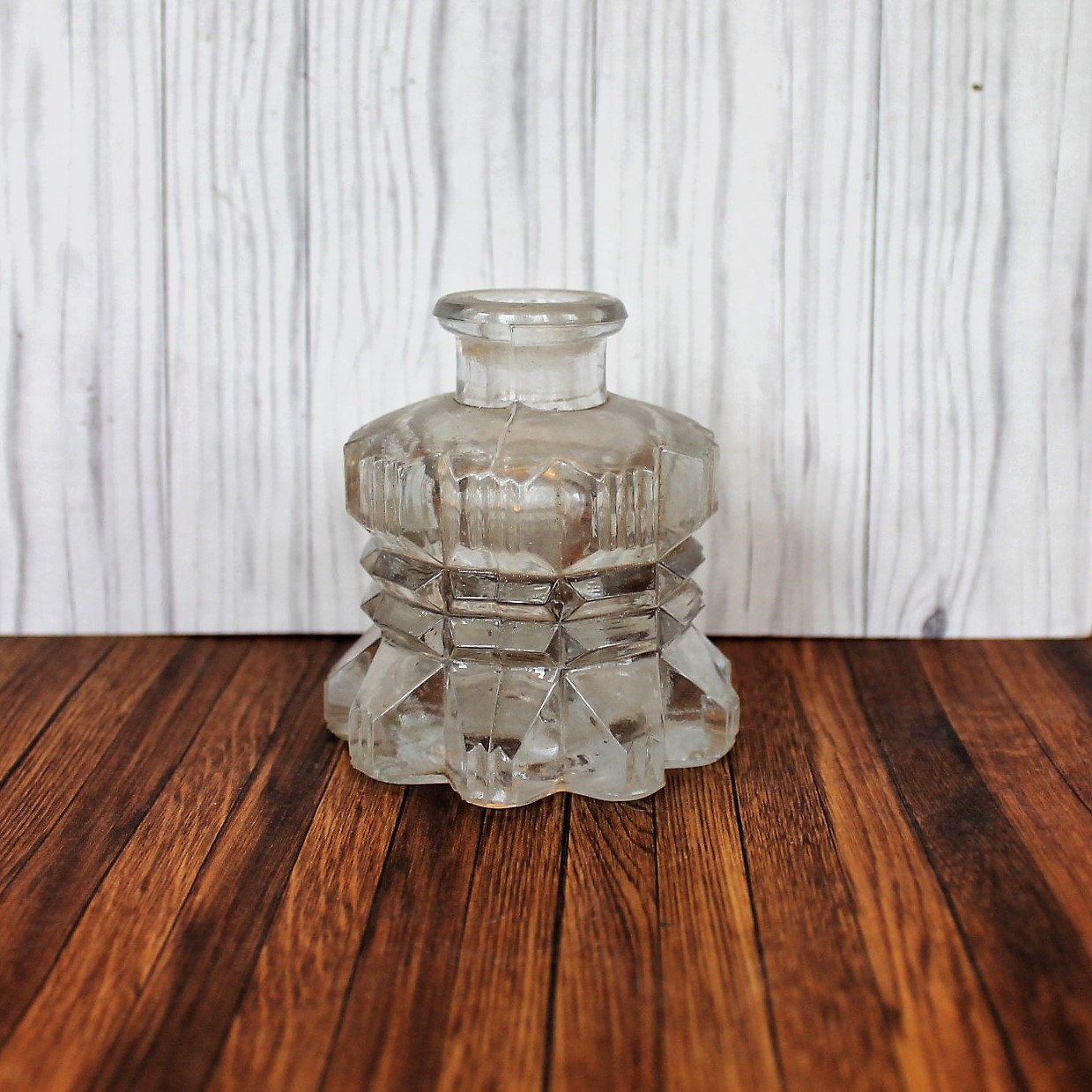 Vintage Clear Glass Inkwell Bottle with Fancy Chunky Design