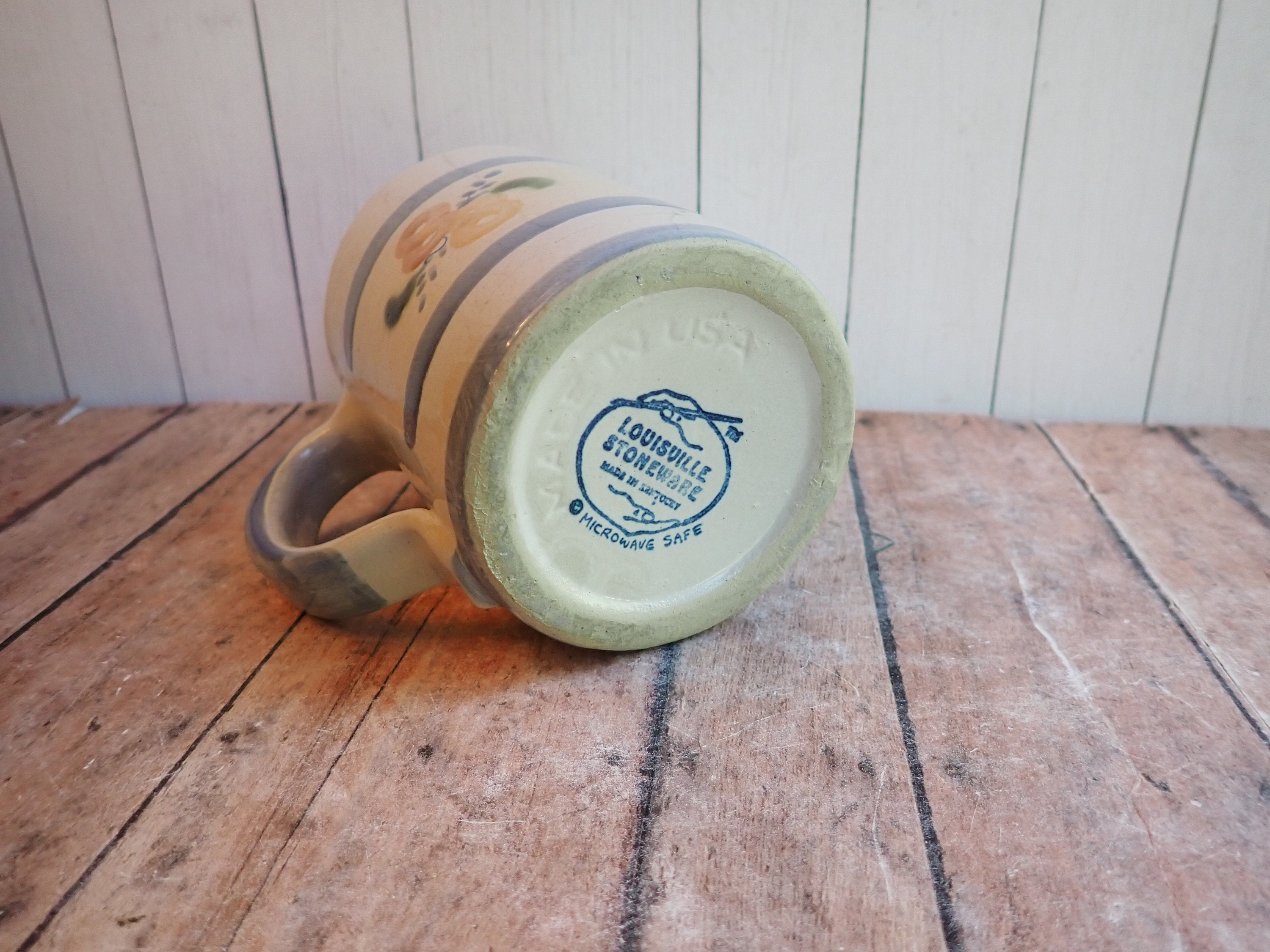 Vintage Louisville Stoneware PRIMROSE Mug Grey Blue Pottery with Pink ...