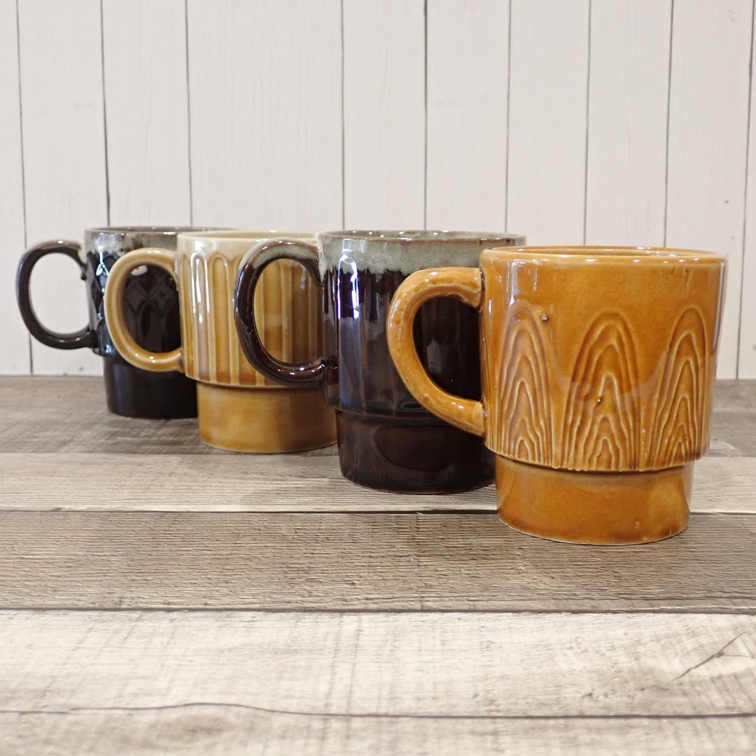 Vintage Japan Stacking Mugs Set of 4 Brown and Yellow Ceramic Mugs With ...