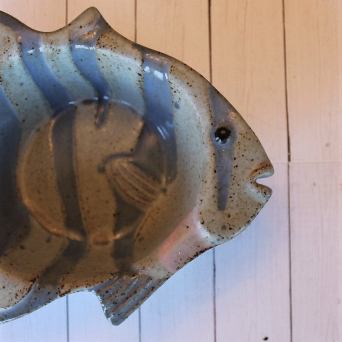 Vintage Tom Chamberlain Pottery Stoneware Fish Bowl Gray and Blue Striped