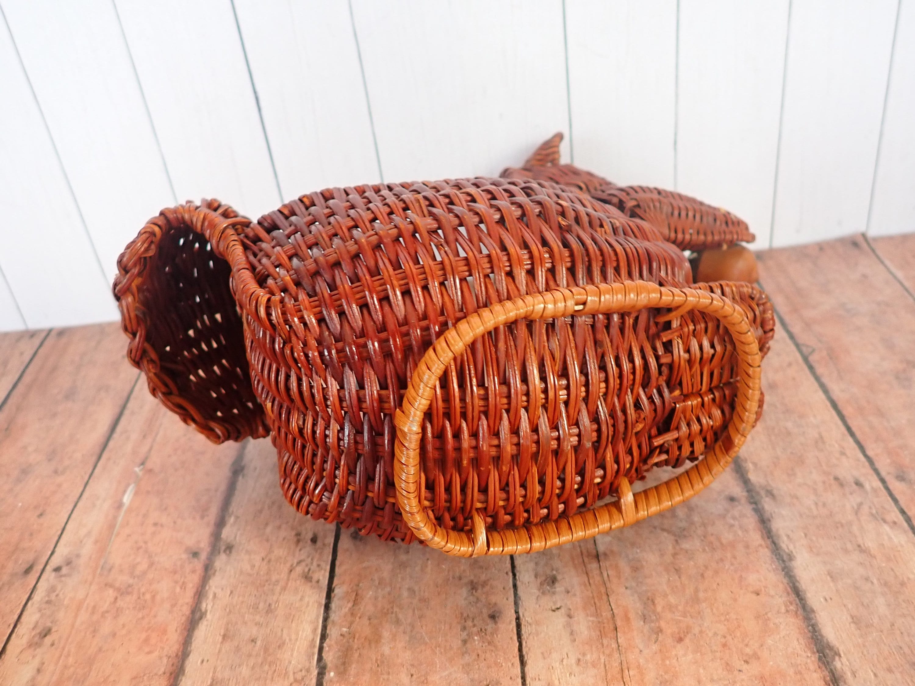 Vintage Brown Woven Wicker Squirrel Animal Basket Planter