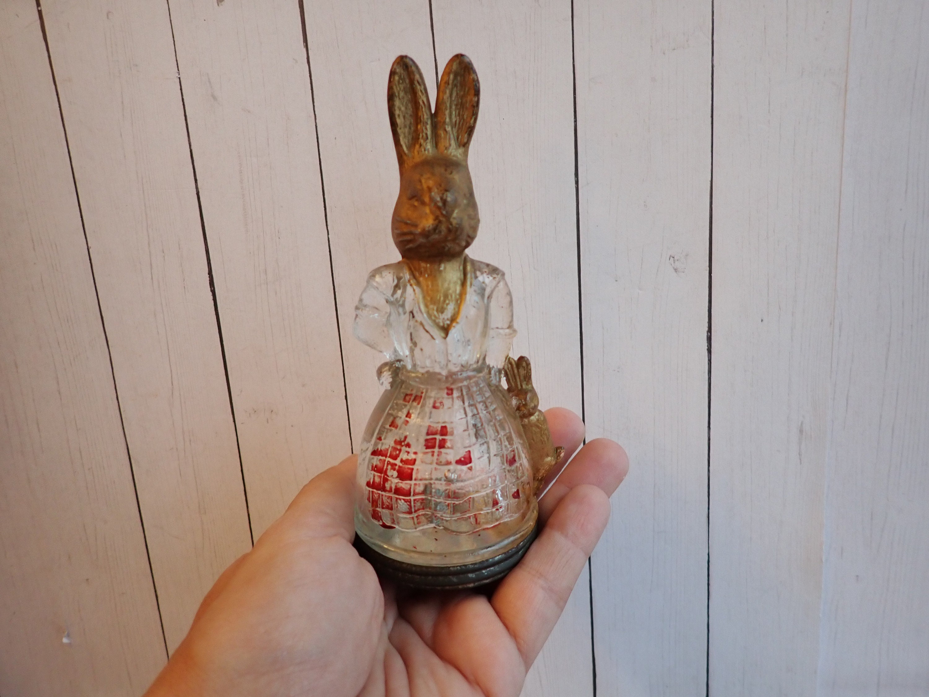 Antique AVOR Glass Bunny Rabbit Candy Bottle Jar Container with Metal Lid