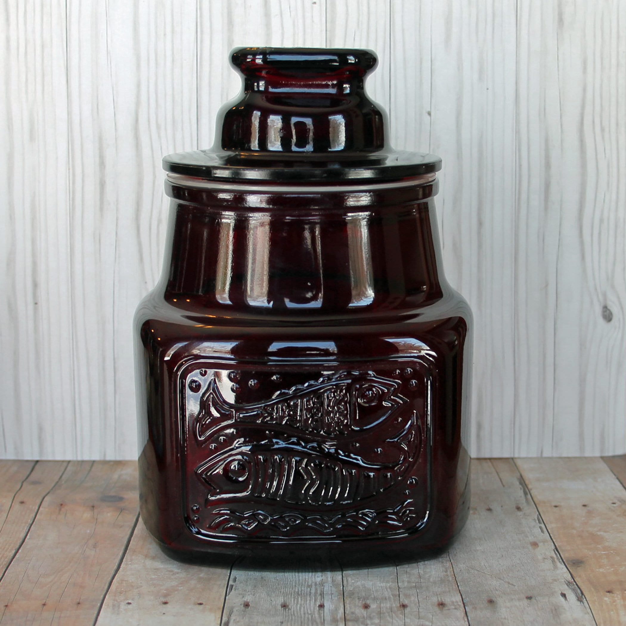 Vintage Wheaton Red Glass Canister with Lid Bird Heart and Fish Design ...