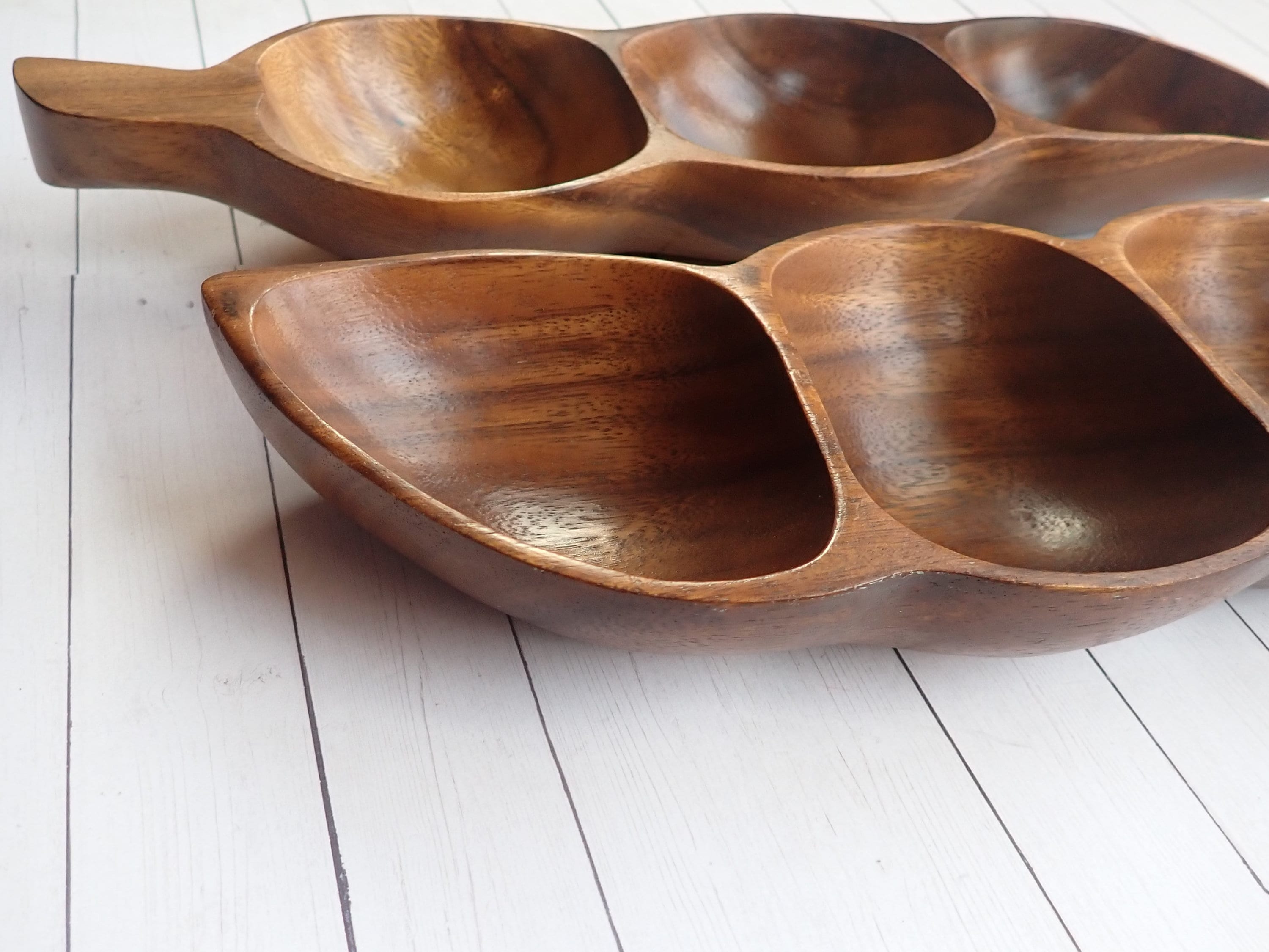 Vintage Wood Leaf Shaped Divided Bowls Set of 2 Wooden Serving Bowls 3 ...