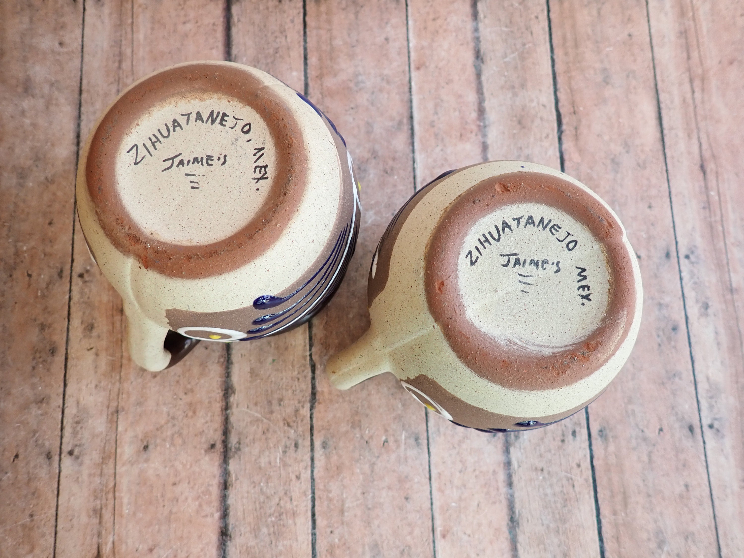 Vintage Mexican Pottery Redware Mug Set of 2 Tan Stoneware with Blue ...