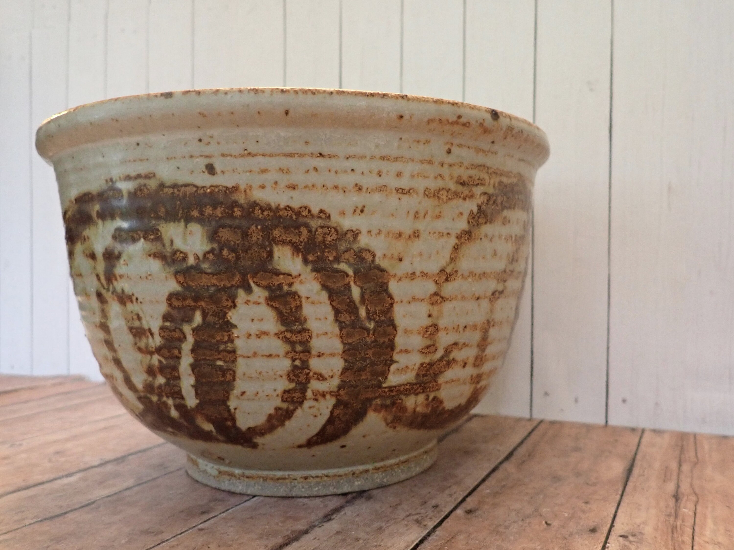 Vintage Studio Pottery Large Mixing Bowl Gray Stoneware with Brown Ring ...