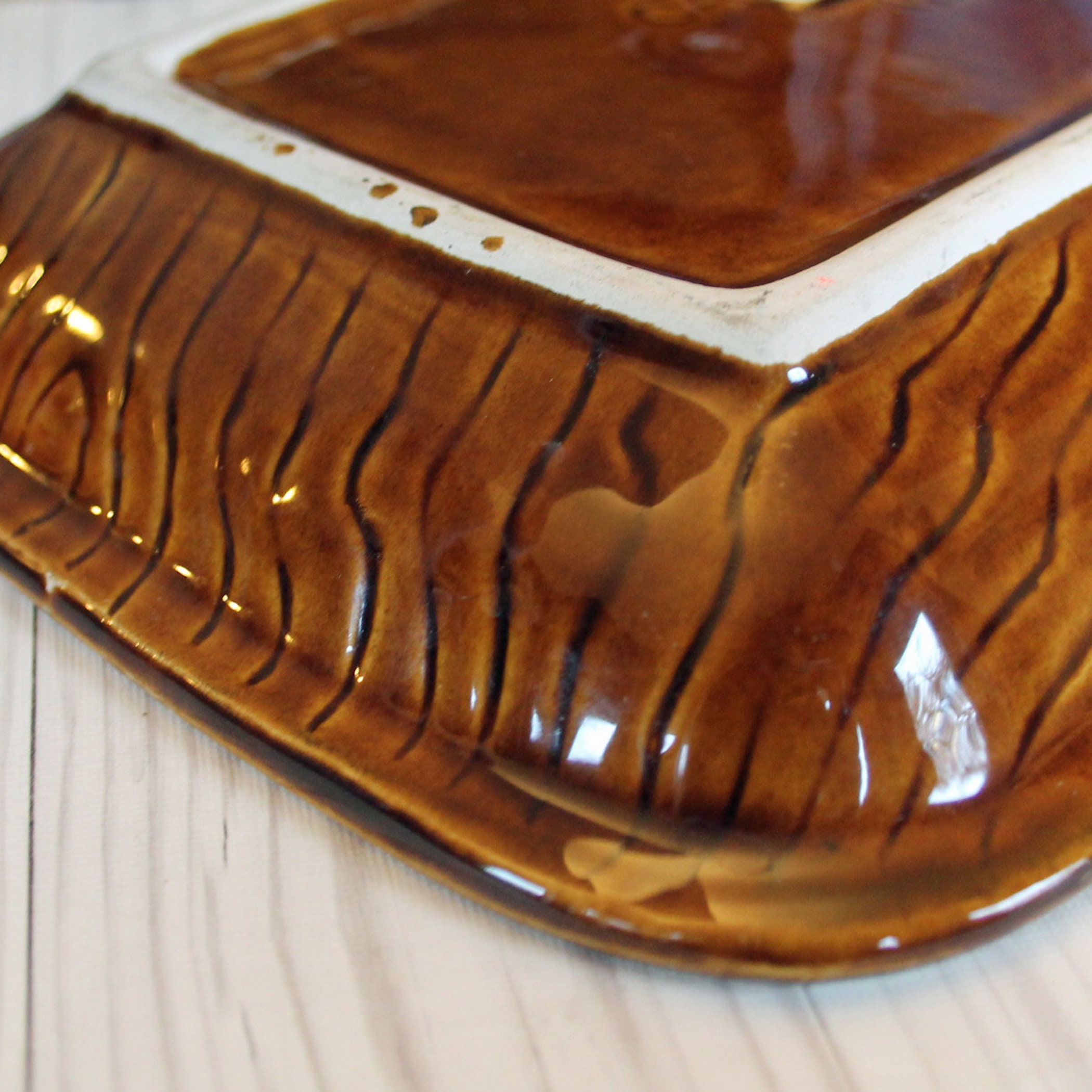 Vintage Ceramic Rectangular Tray Dish Faux Wood Grain Etched Flower ...