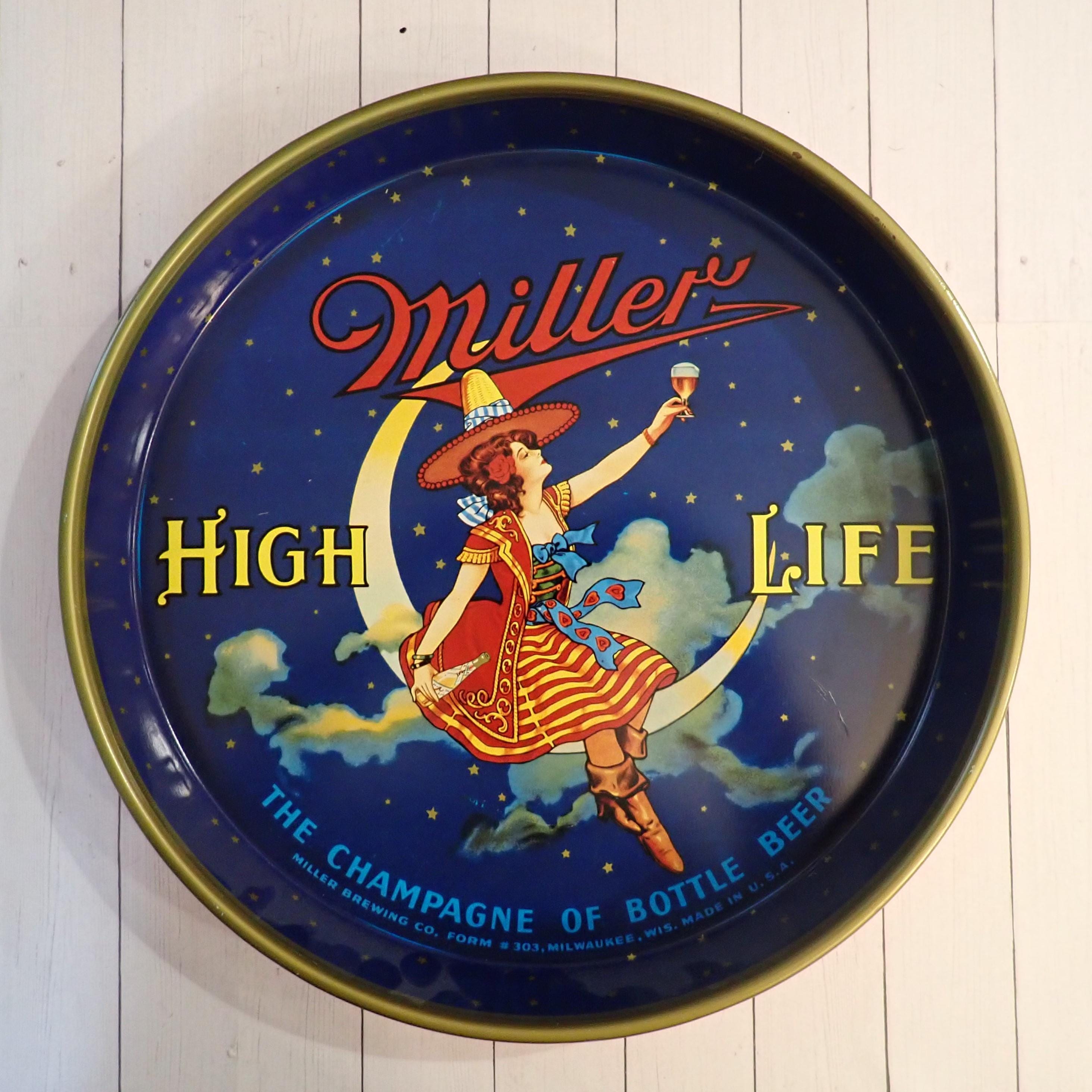 Vintage Miller High Life Beer Metal Tray Girl on Moon