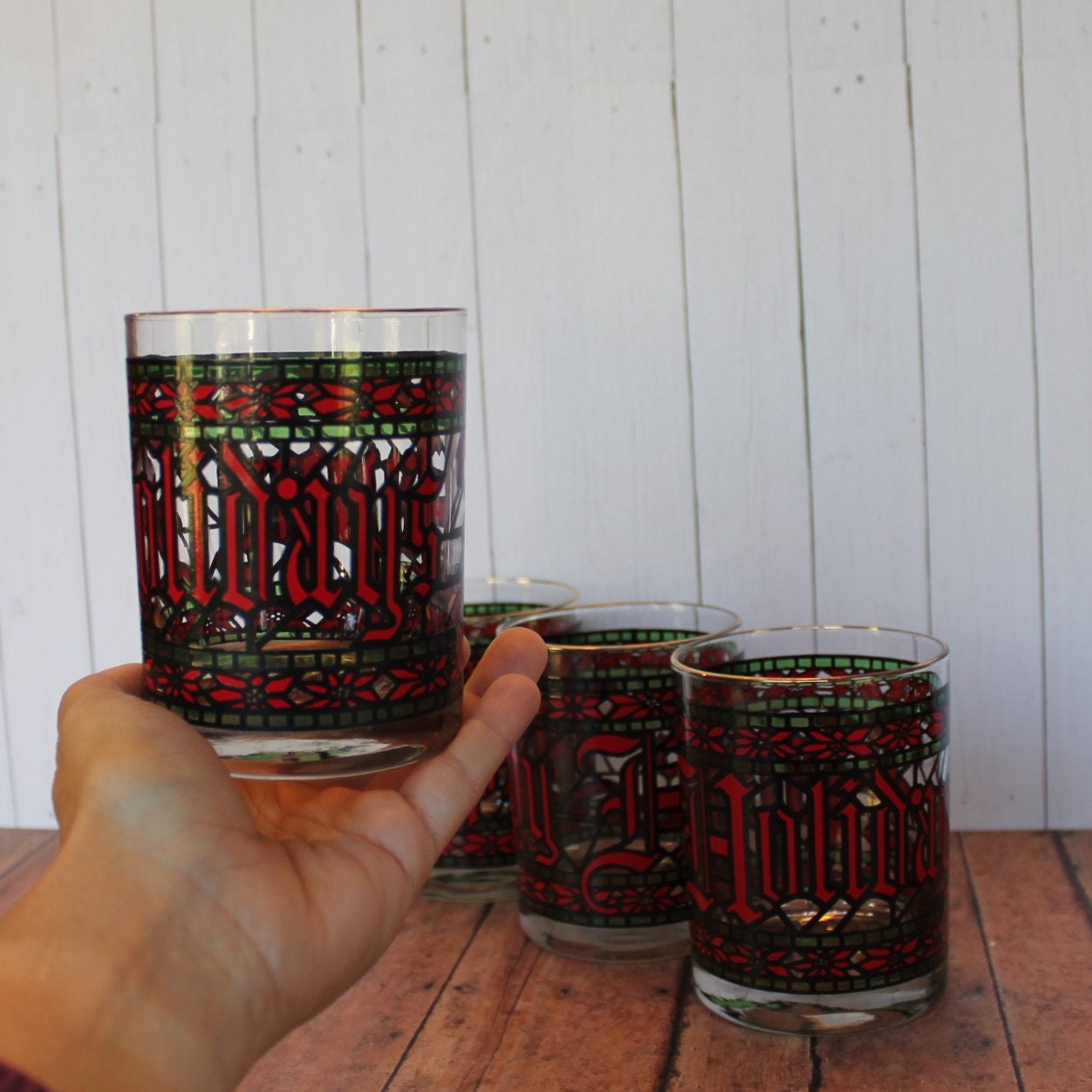 Vintage Houze Glass HAPPY HOLIDAYS Old Fashioned Set of 4 Glasses ...