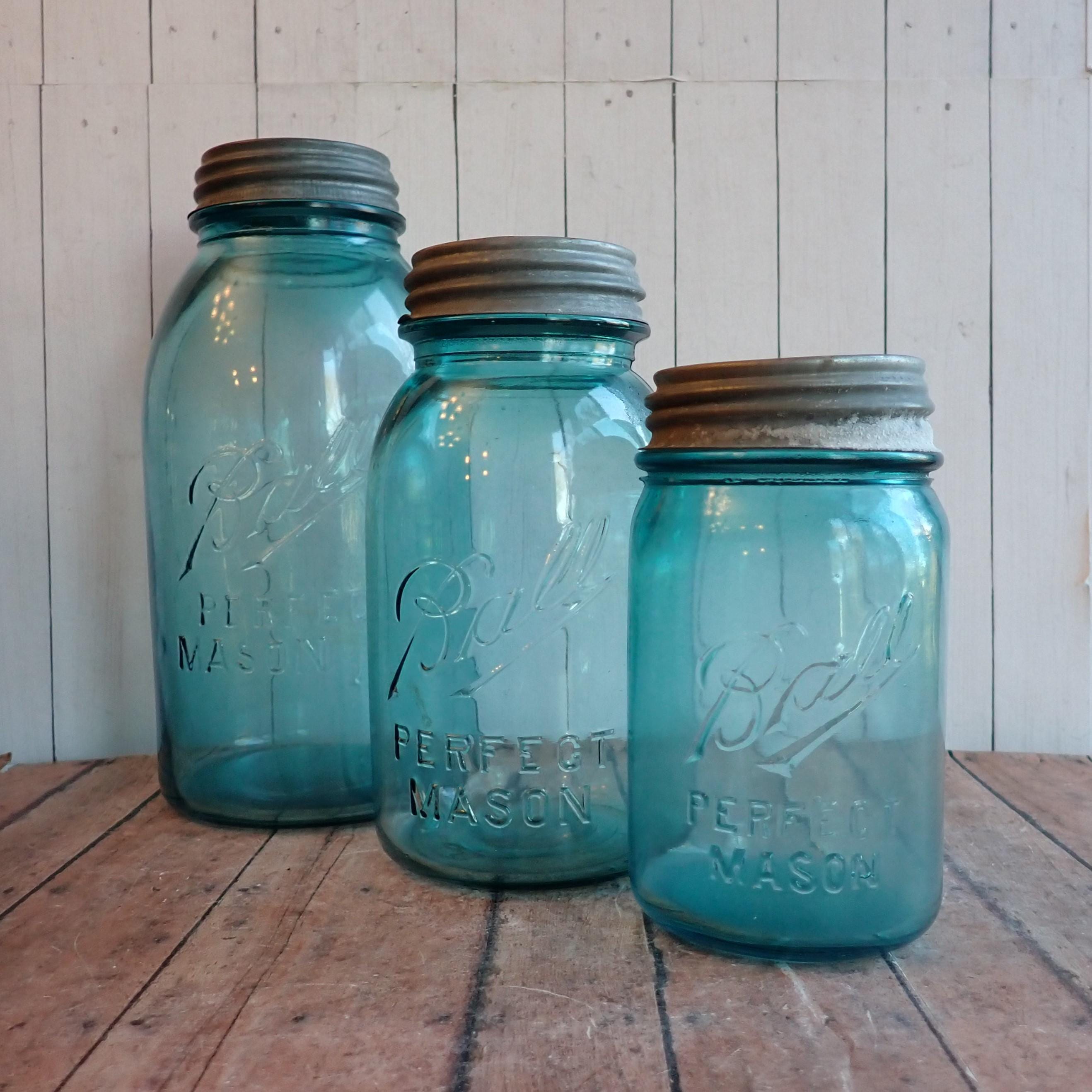 Vintage Blue Glass Ball Mason Jar Set of 3 with Tin Lids Pint Quart ...