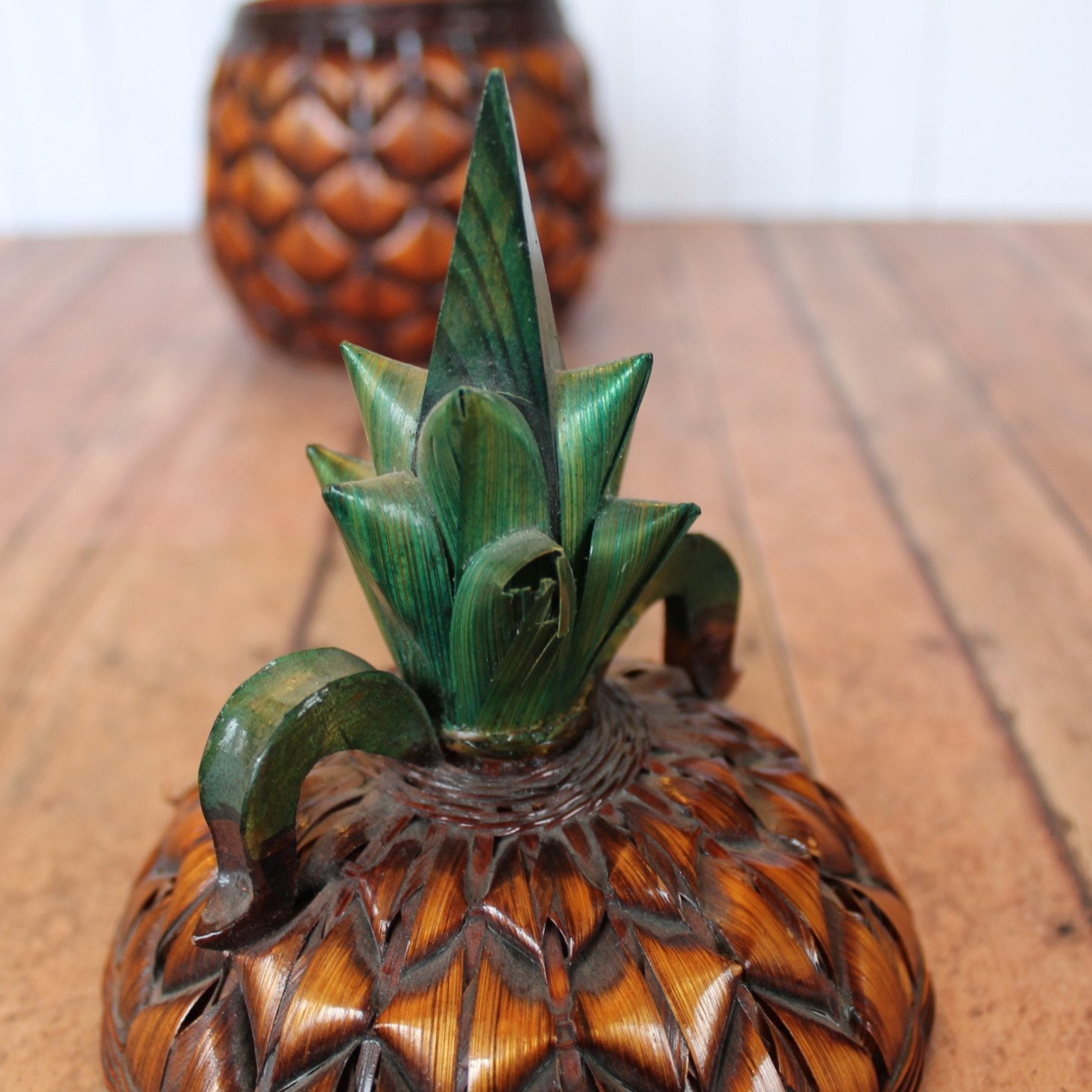 Vintage Wicker Woven Pineapple Shaped Basket with Lid Fruit Vase Boho ...