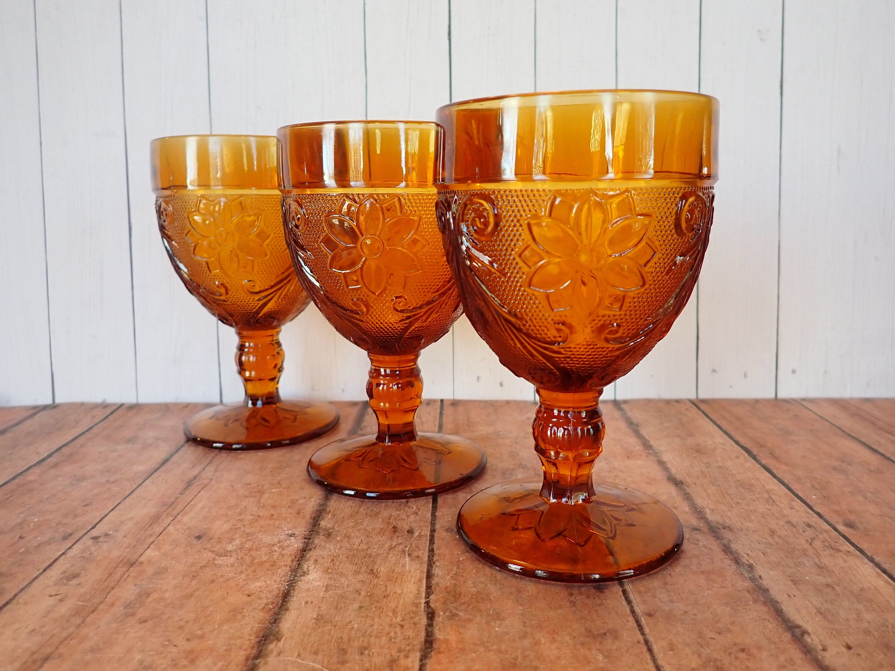 Vintage Indiana Glass Tiara SANDWICH AMBER Water Goblet Set of 3 Wine ...