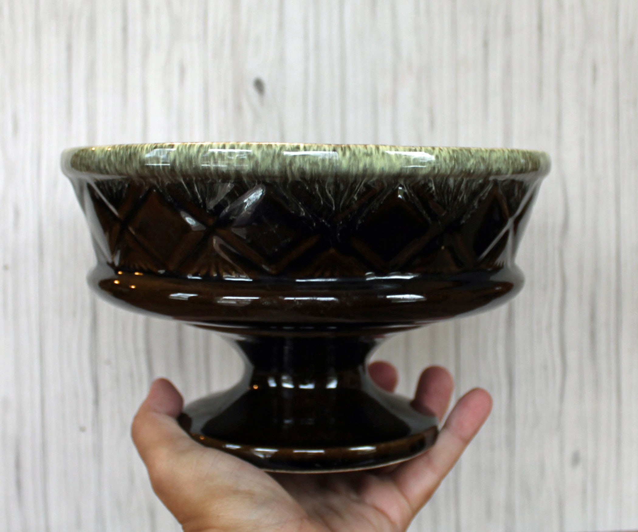 Vintage HULL POTTERY Footed Pedestal Planter Green Drip with Diamond ...
