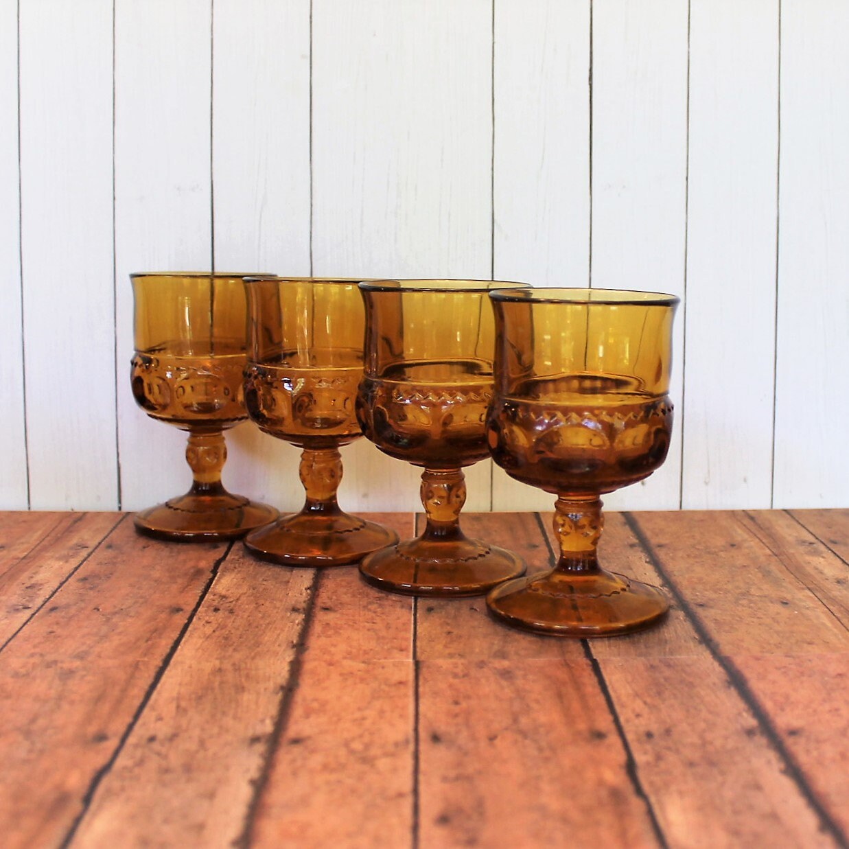 Vintage Indiana Glass Colony KINGS CROWN Gold Honey Amber 4 Wine ...