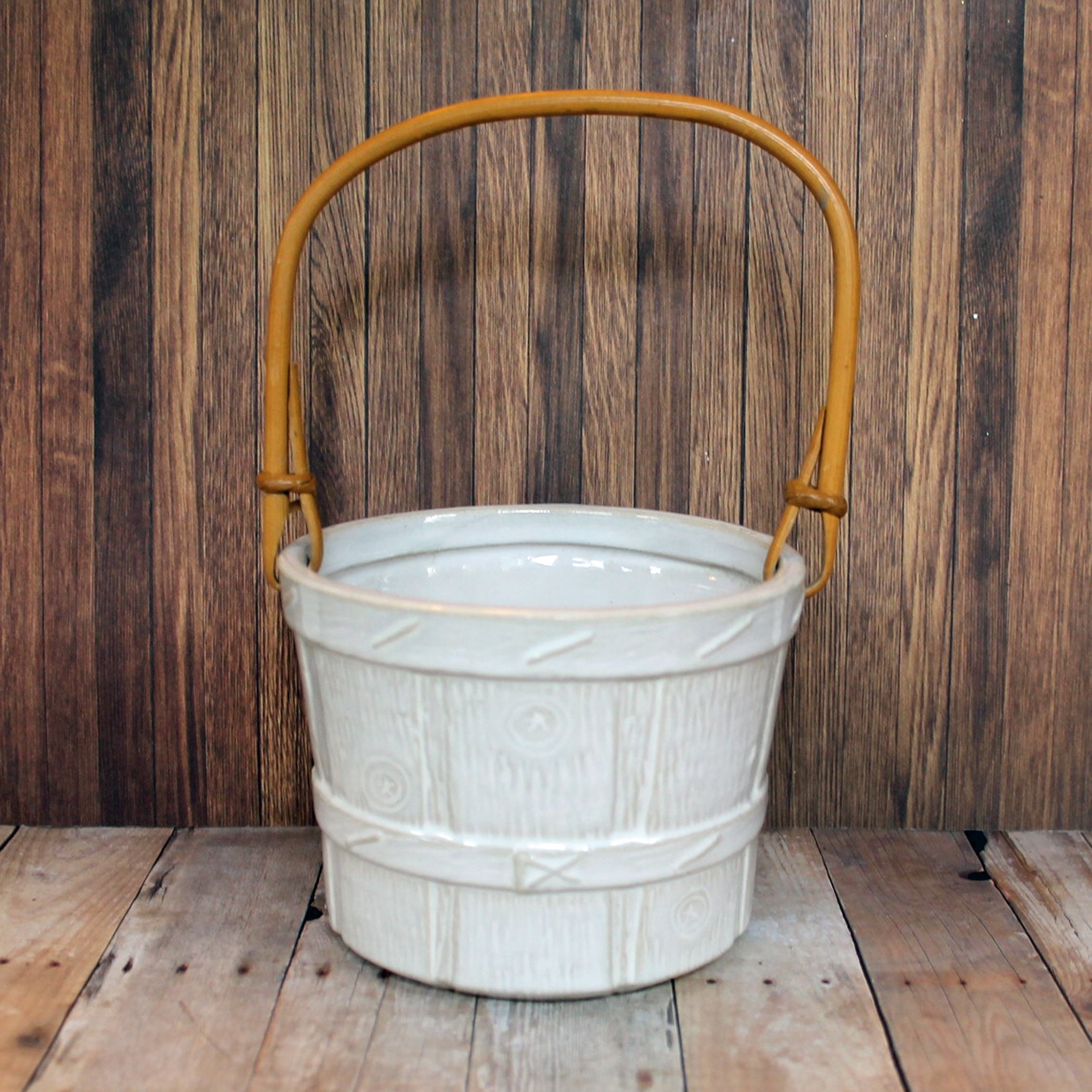 Vintage White Ceramic Bucket Basket Dish with Bamboo Handle Planter ...