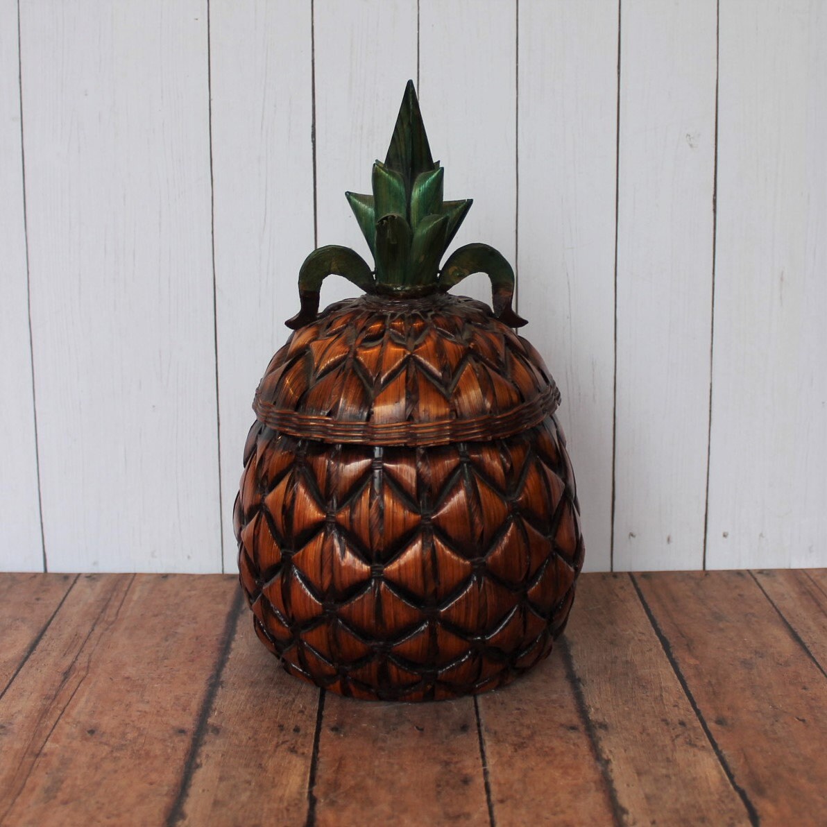 Vintage Wicker Woven Pineapple Shaped Basket with Lid Fruit Vase Boho ...