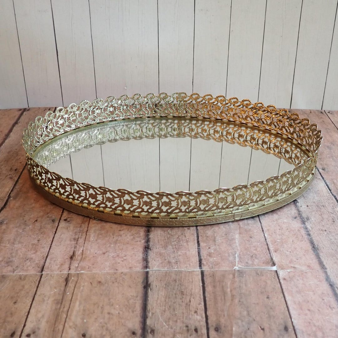 Vintage Gold Metal Oval Tray With Mirror Vanity Tray With Filigree Open ...