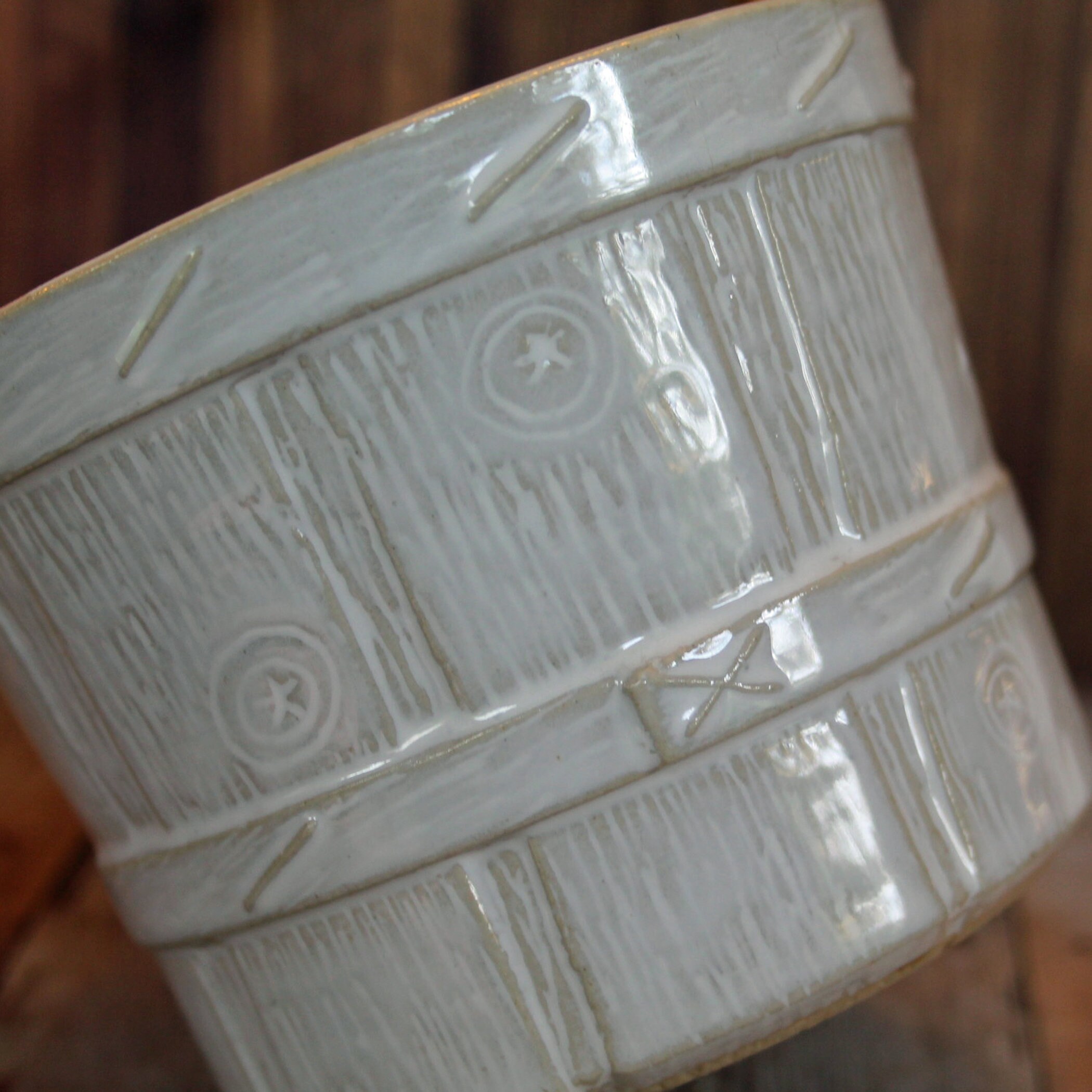 Vintage White Ceramic Bucket Basket Dish with Bamboo Handle Planter ...