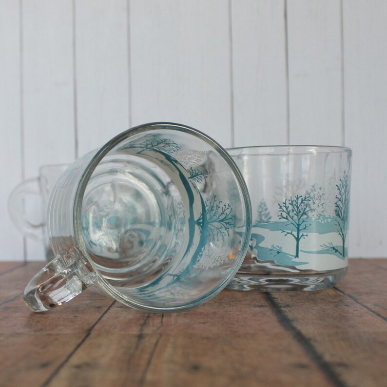 Vintage Anchor Hocking Glass Mug Set of 4 Clear with Blue Tree | Etsy