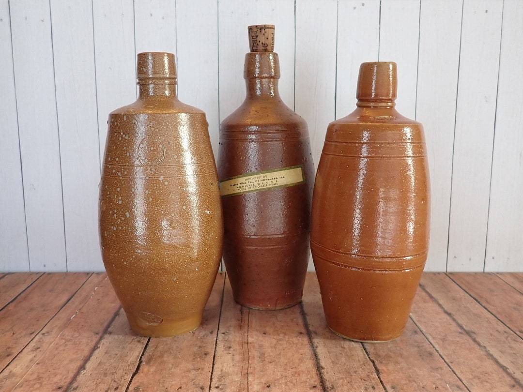 Vintage Stoneware Wine Bottle Set of 3 Brown Ceramic Rustic Bottle ...