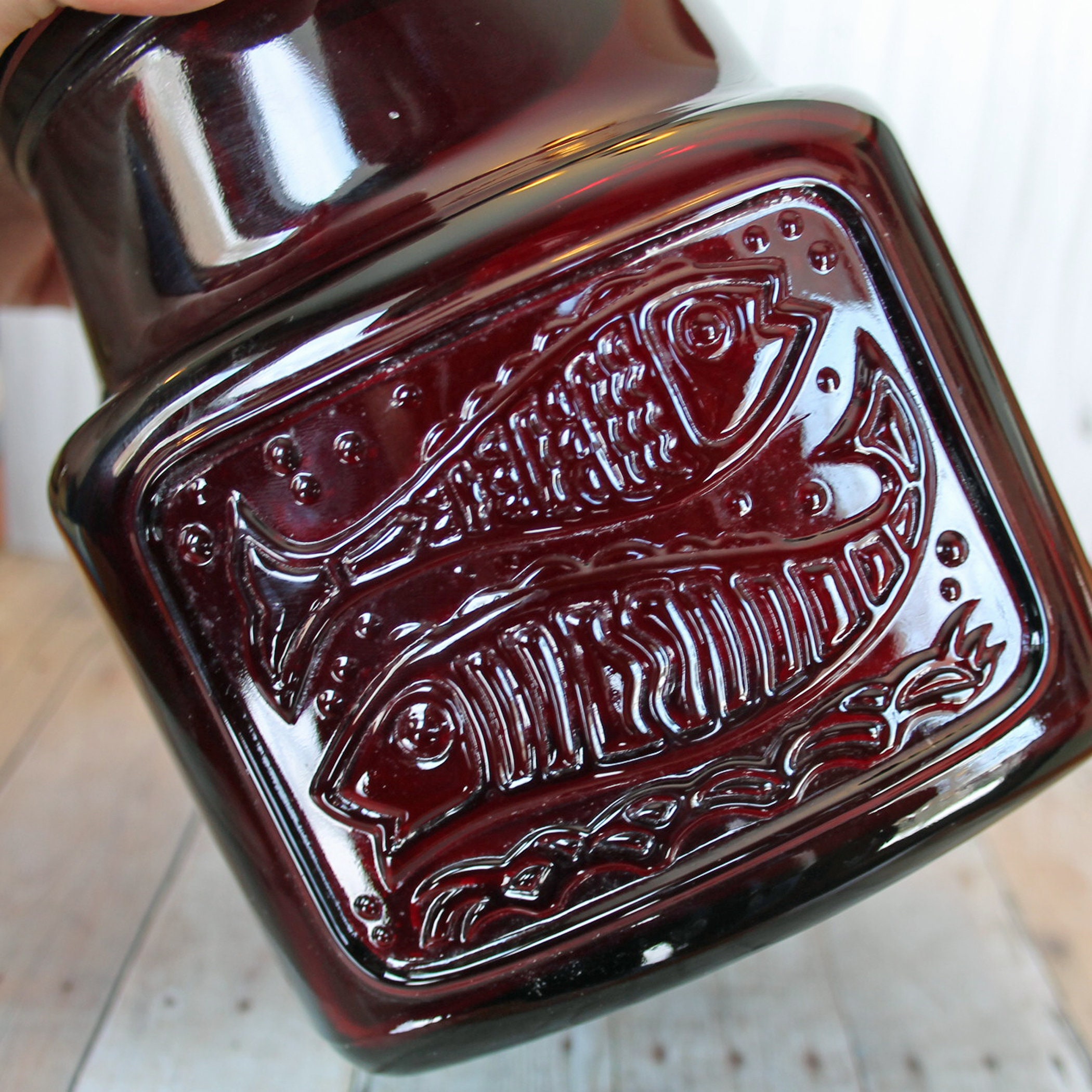 Vintage Wheaton Red Glass Canister with Lid Bird Heart and Fish Design ...
