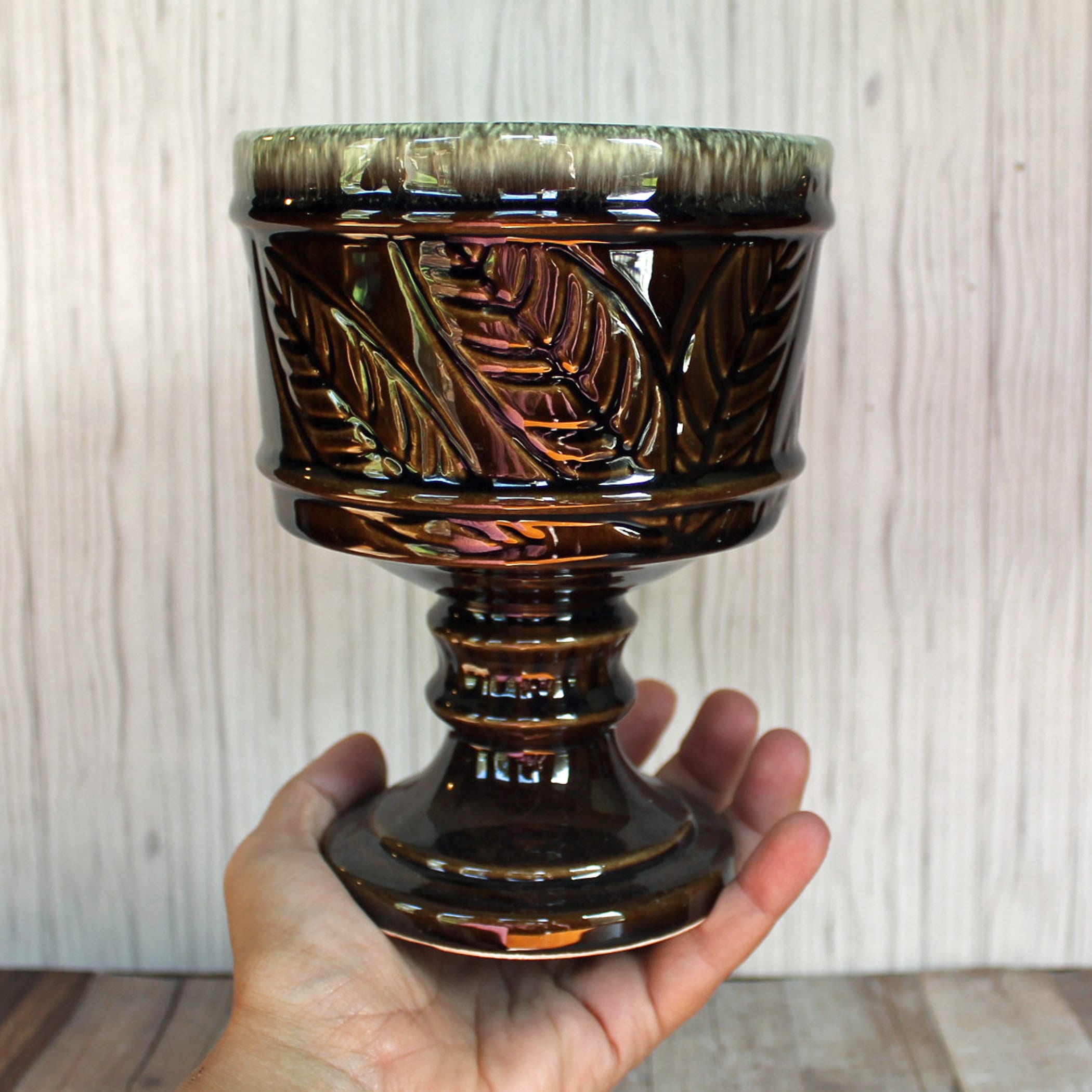 Vintage HULL POTTERY Footed Pedestal Planter Green Drip with Leaf ...