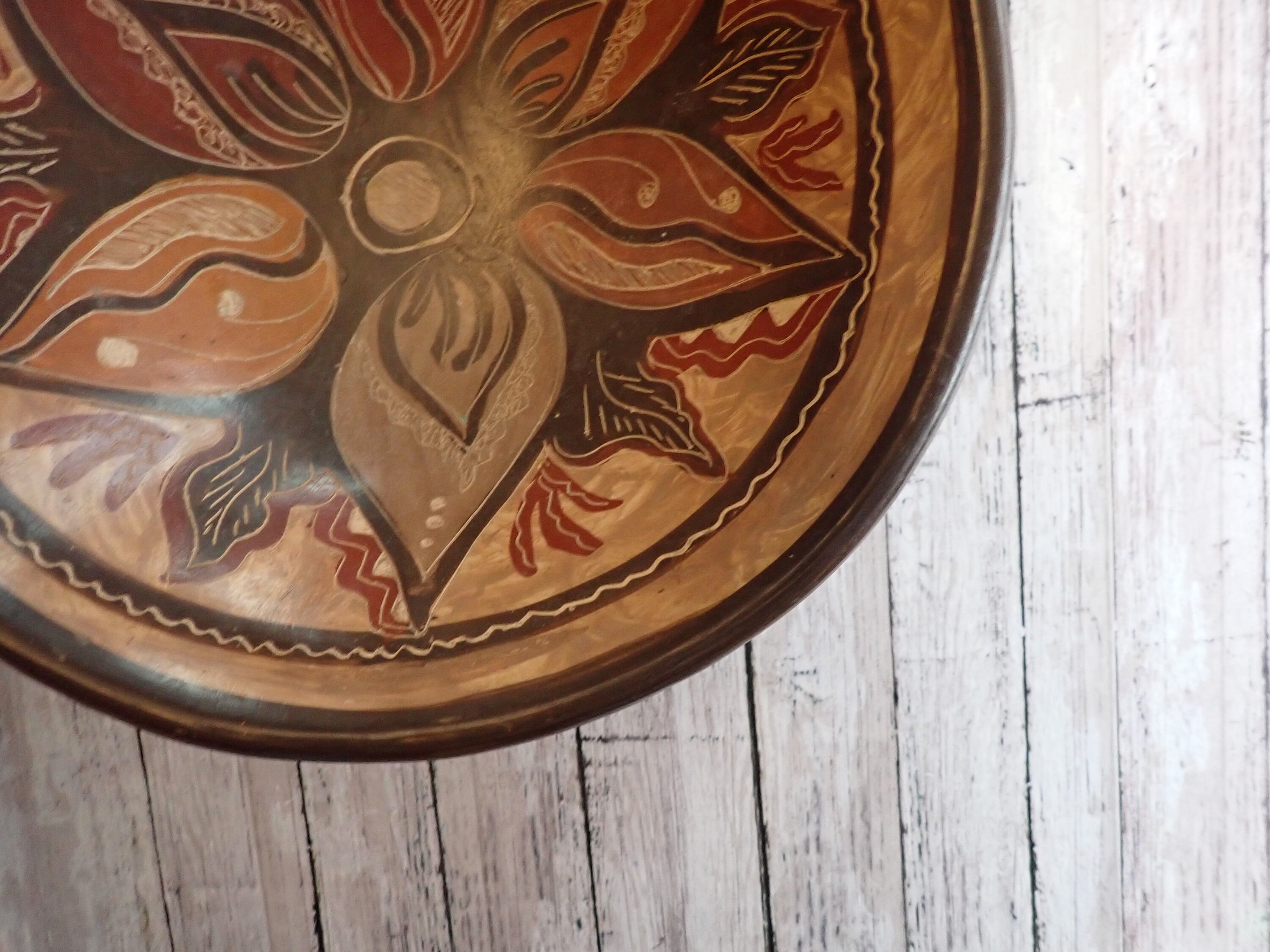 Vintage Costa Rica Clay Pottery Bowl Tan with Red Brown Orange Flower ...